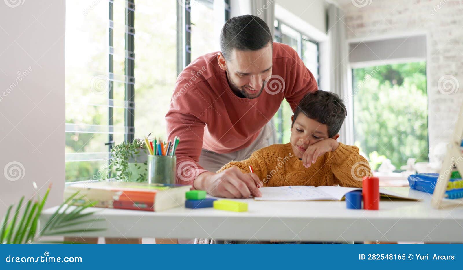 Home Learning, Dad or School Kid in Kindergarten Studying for Knowledge ...