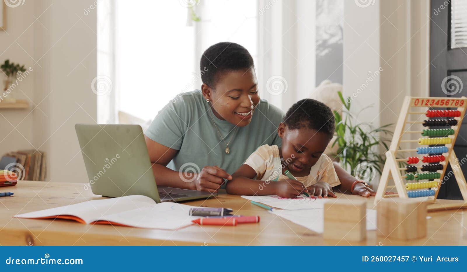 Home, Learning and Teaching of Mother with Child Color Drawing in Work Book for Education ...