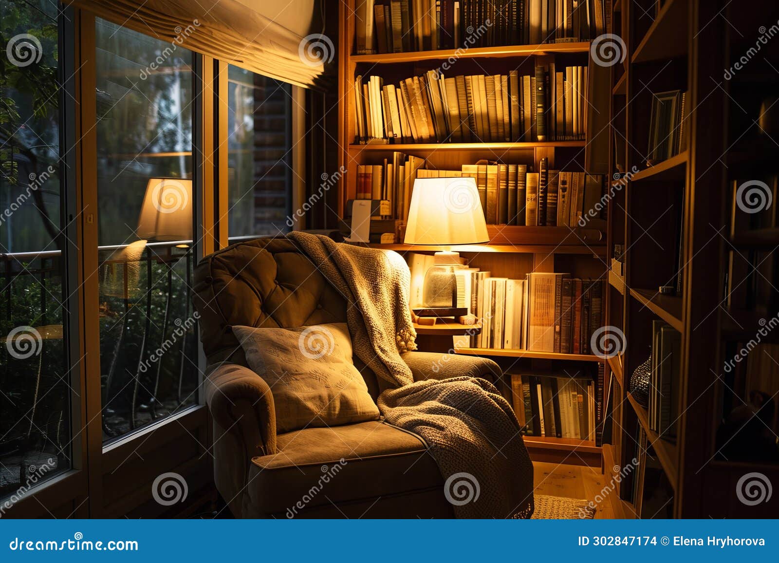 Home Library Corner with a Comfortable Seat, Soft Lighting, and a Large ...