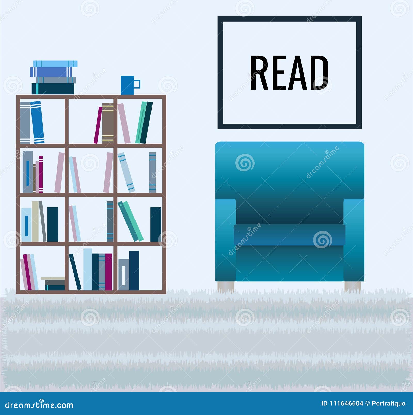 Home Library with Sofa and Books Stock Illustration - Illustration of ...