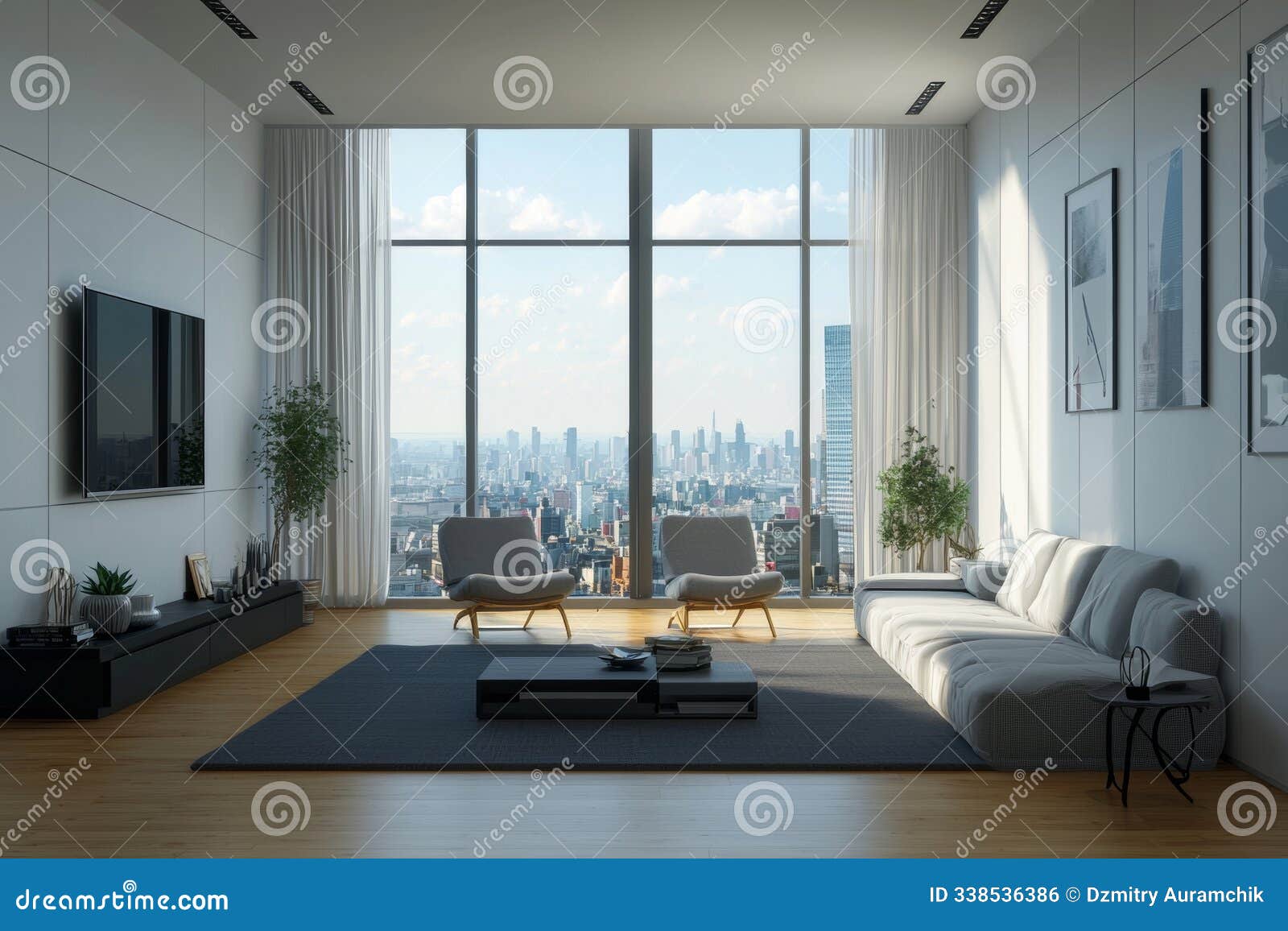 Home Living Room Interior with Armchairs, TV Screen, Panoramic Window ...