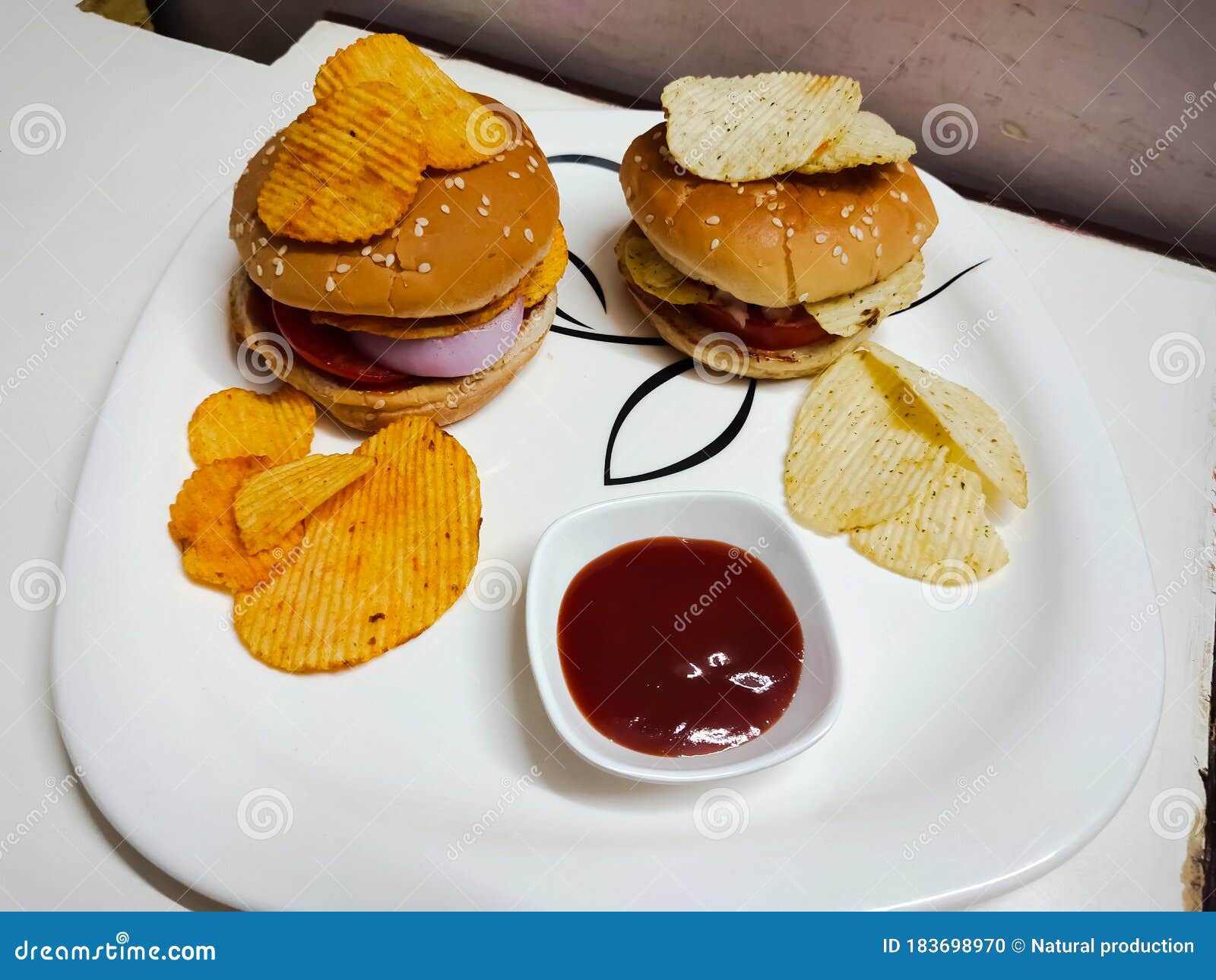 Home Made Burger with Potato Chips and Crisps Stock Photo - Image of ...
