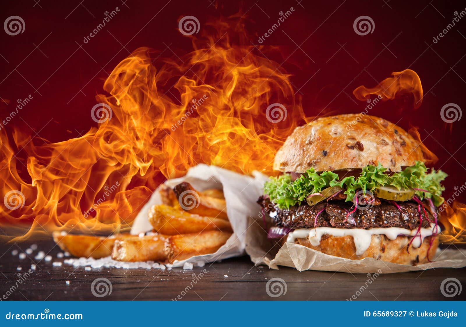 Home Made Burgers with Fire Flames. Stock Image - Image of grilled ...