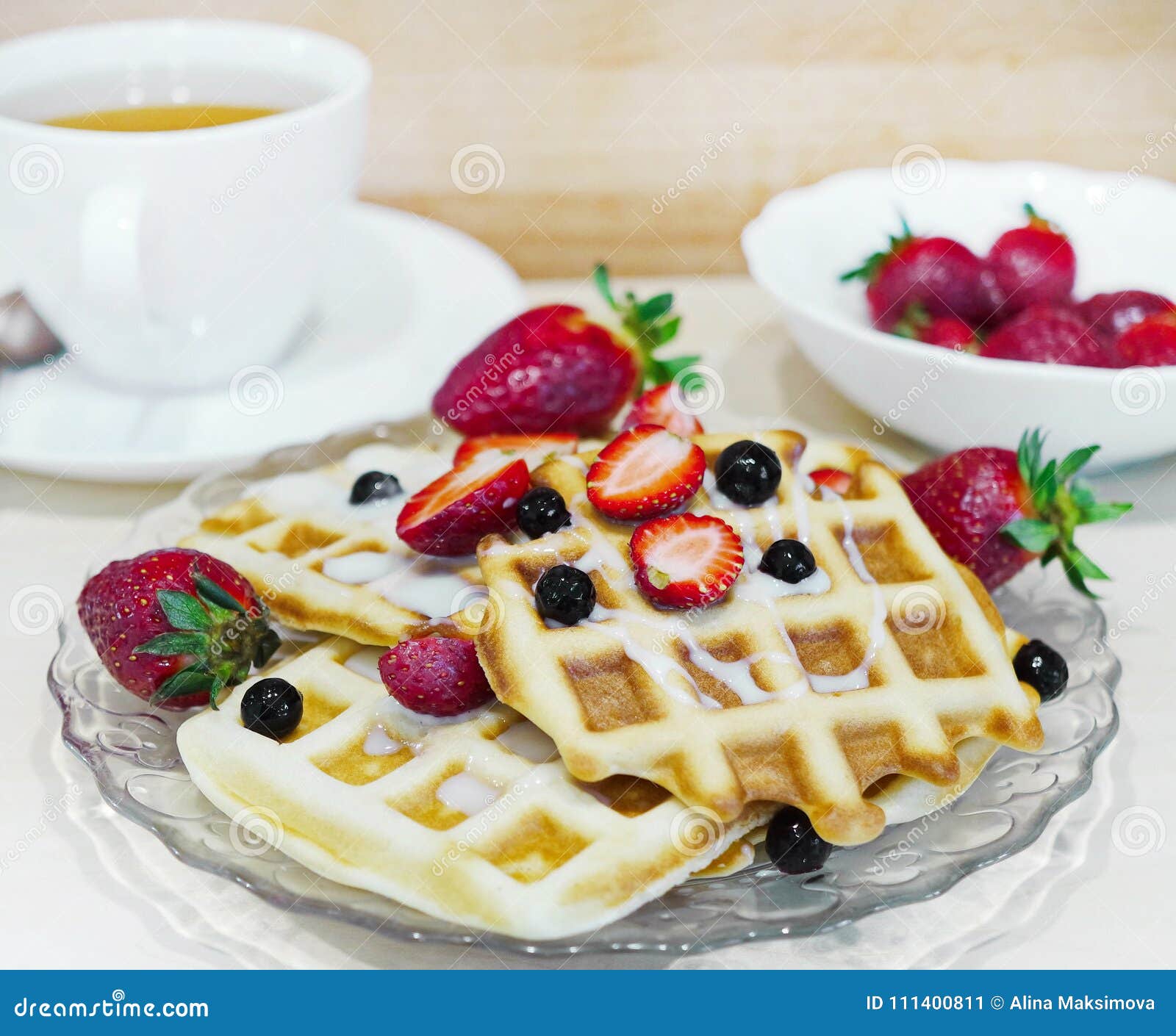 Home-made Waffle Baking. Waffles with Berries Stock Image - Image of ...