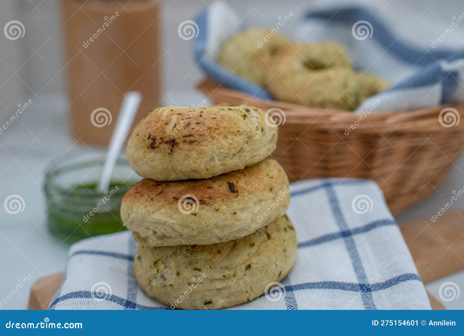 Home Made Whole Grain Bagels with Wild Garic Stock Image - Image of ...