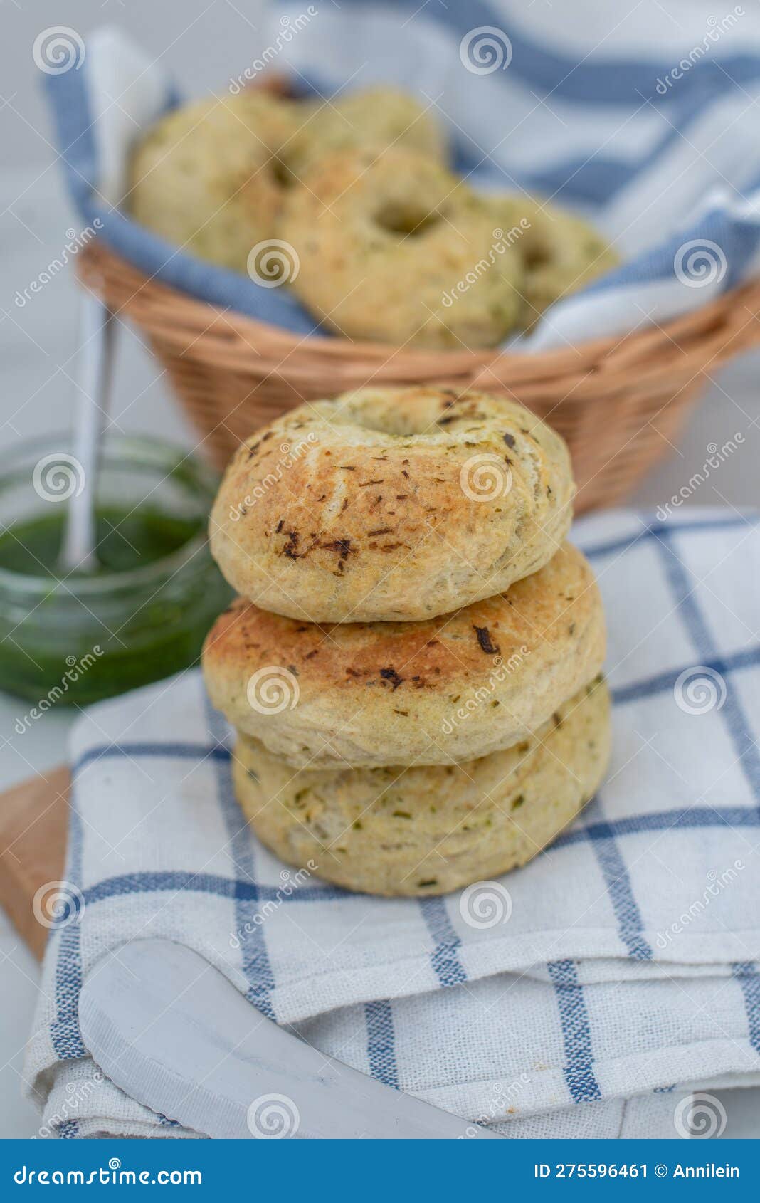 Home Made Whole Grain Bagels with Wild Garic Stock Image - Image of ...