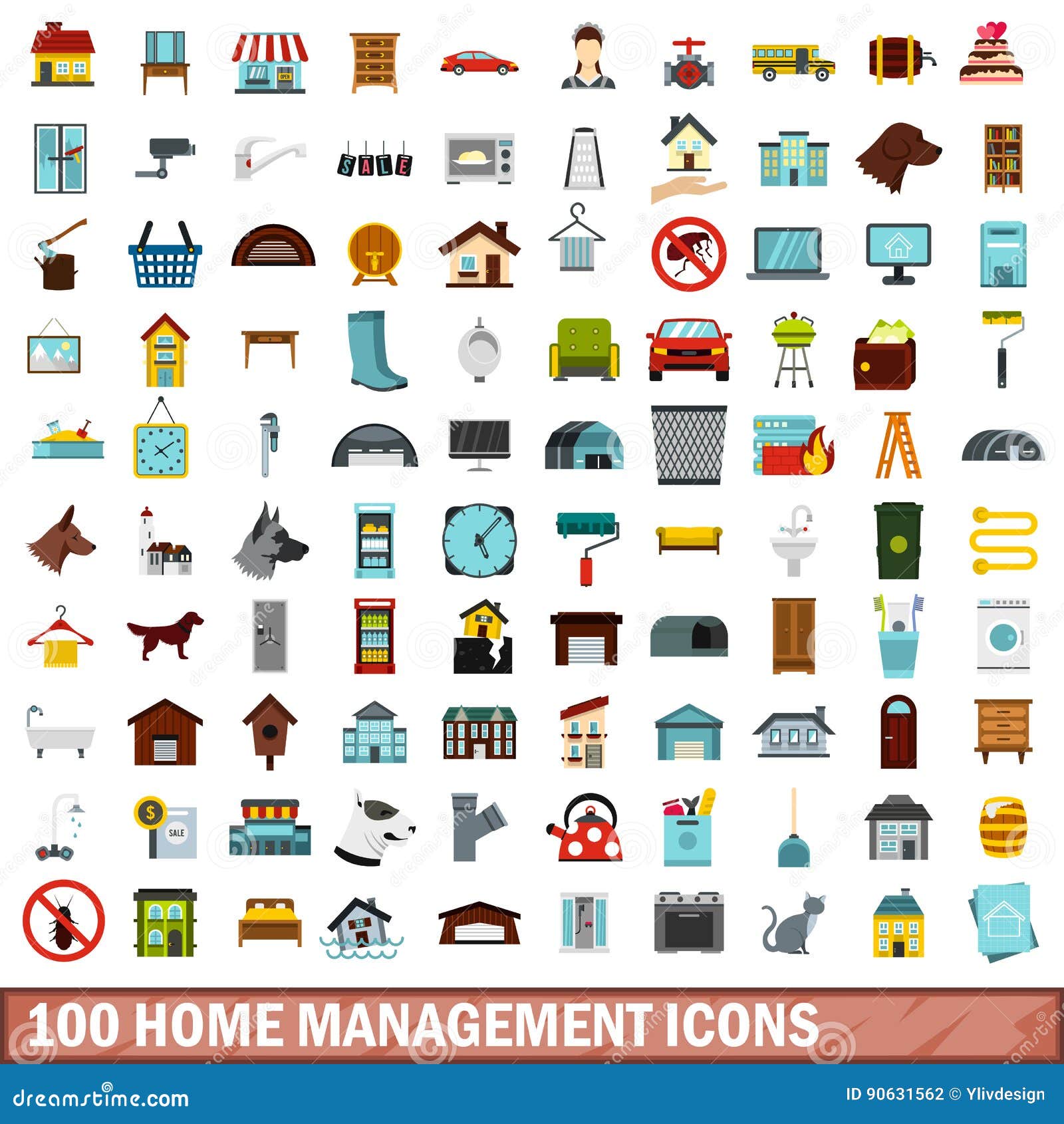 100 Home Management Icons Set, Flat Style Stock Vector - Illustration ...