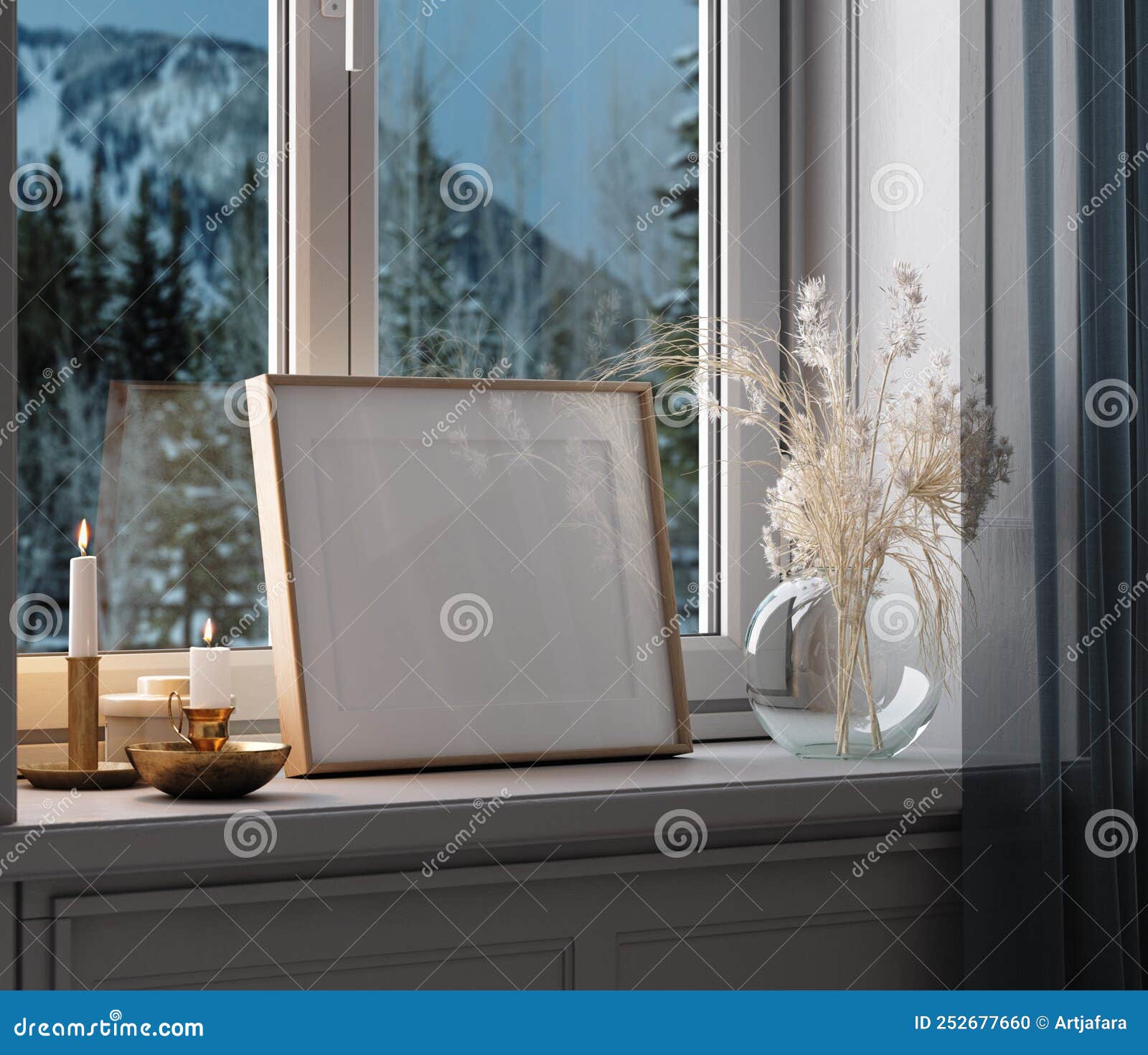 Home Mockup, Frame Close Up Standing On Windowsill At Winter Evening ...