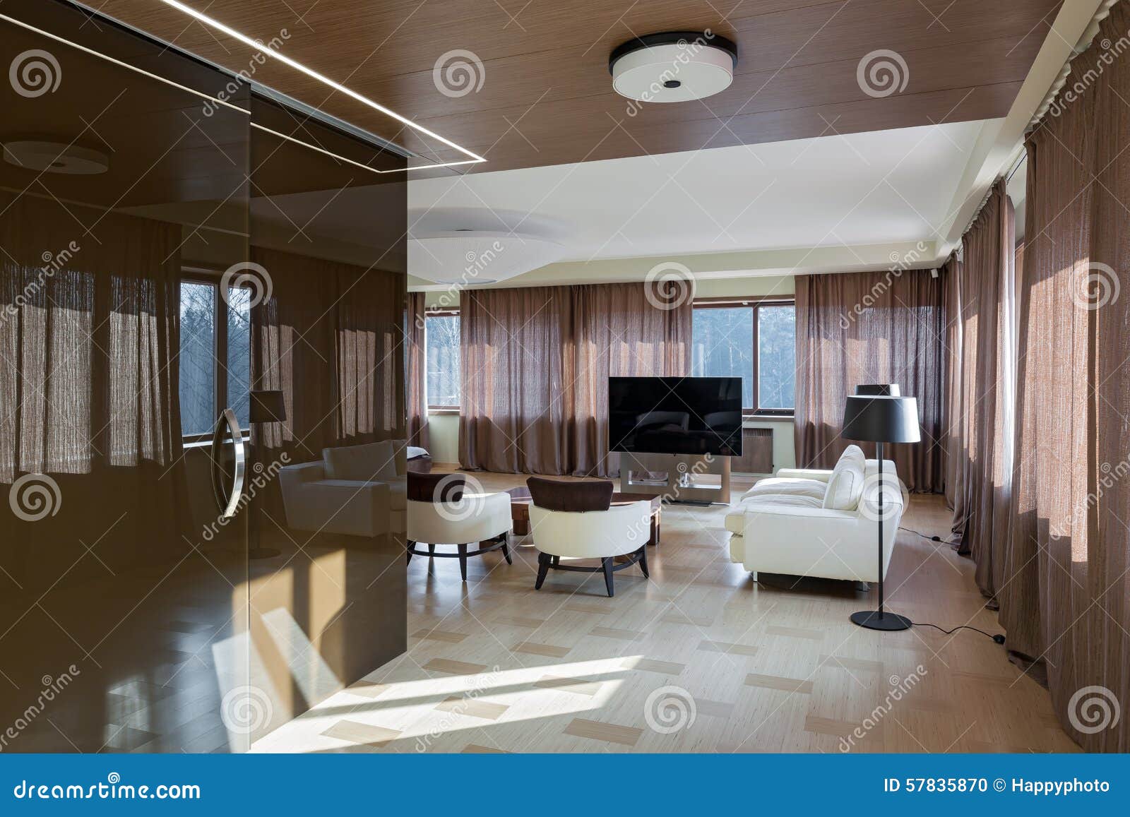 Home Modern Theater Interior with Big Windows Stock Photo - Image of ...