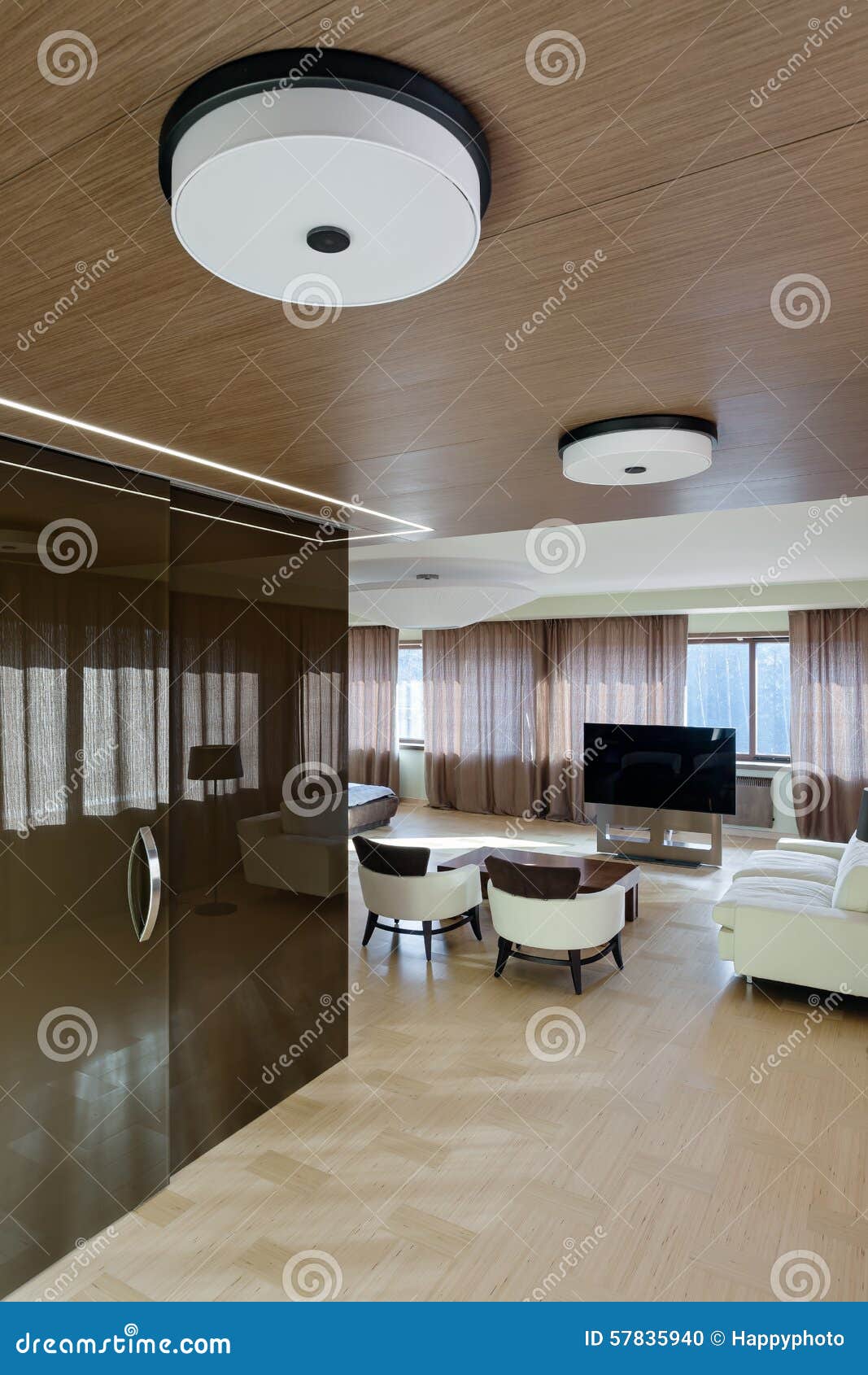 Home Modern Theater Interior with Big Windows Stock Photo - Image of ...