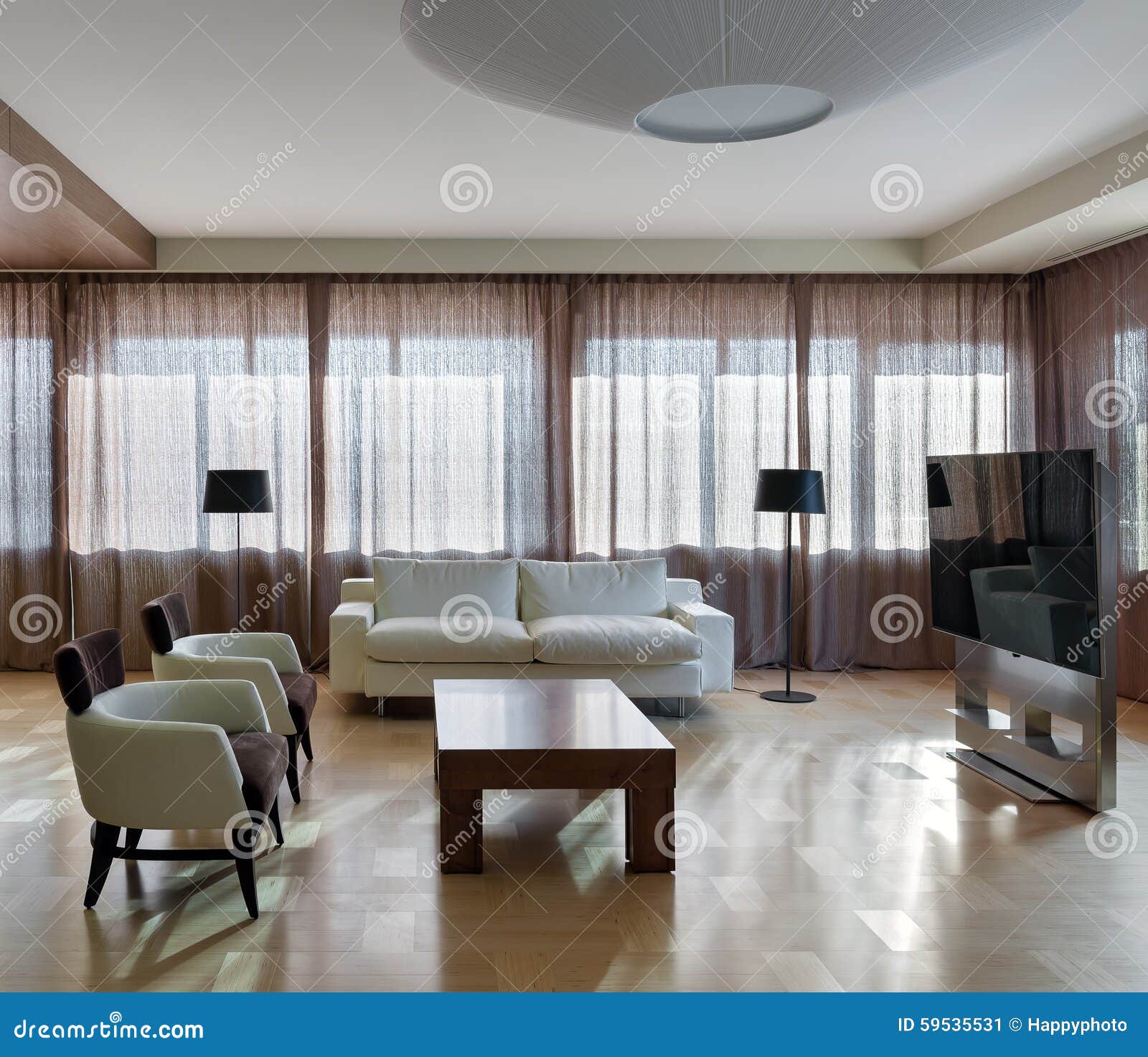 Home Modern Theater Interior with Big Windows Stock Image - Image of ...