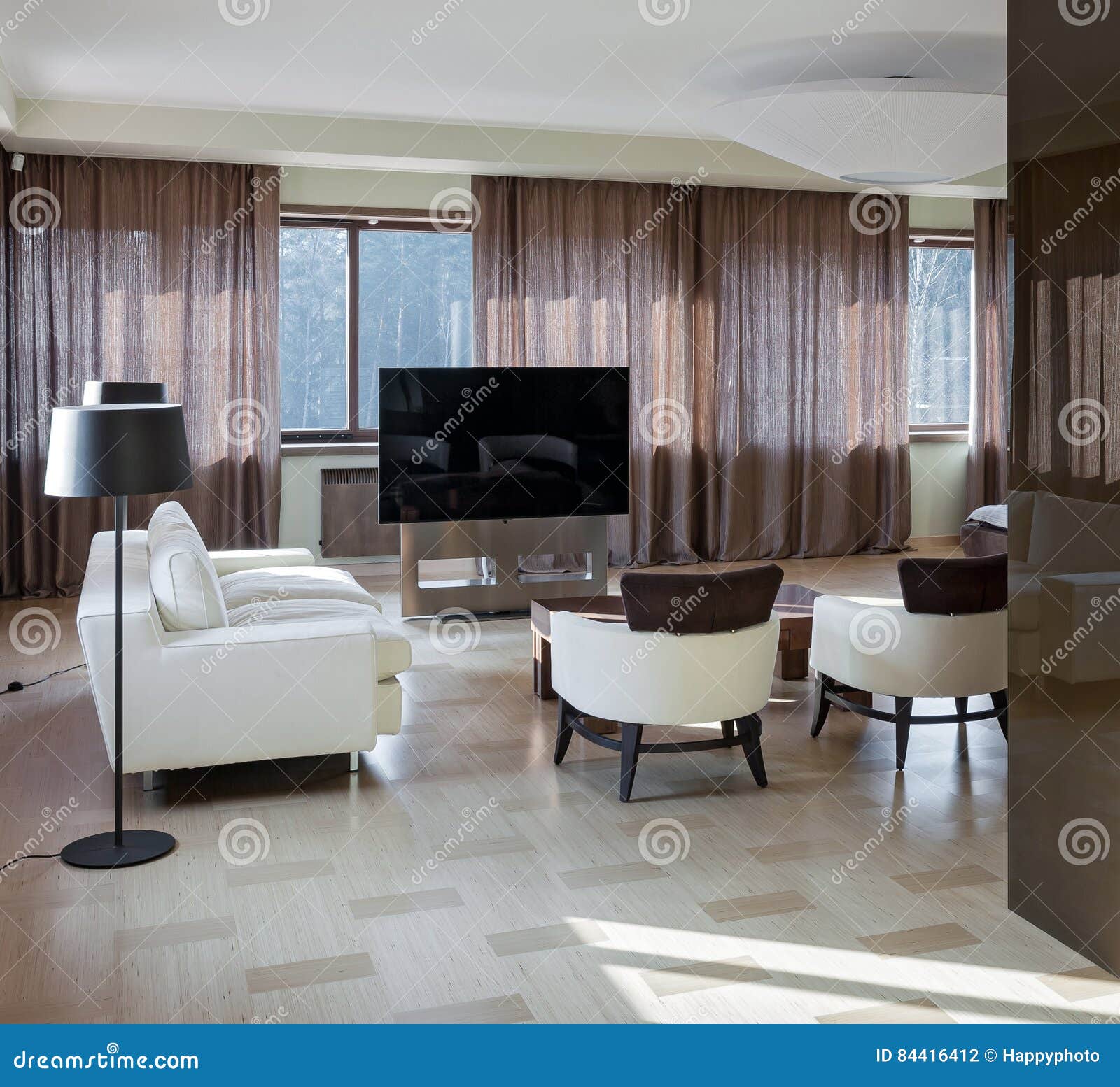 Home Modern Theater Interior with Big Windows Stock Photo - Image of ...