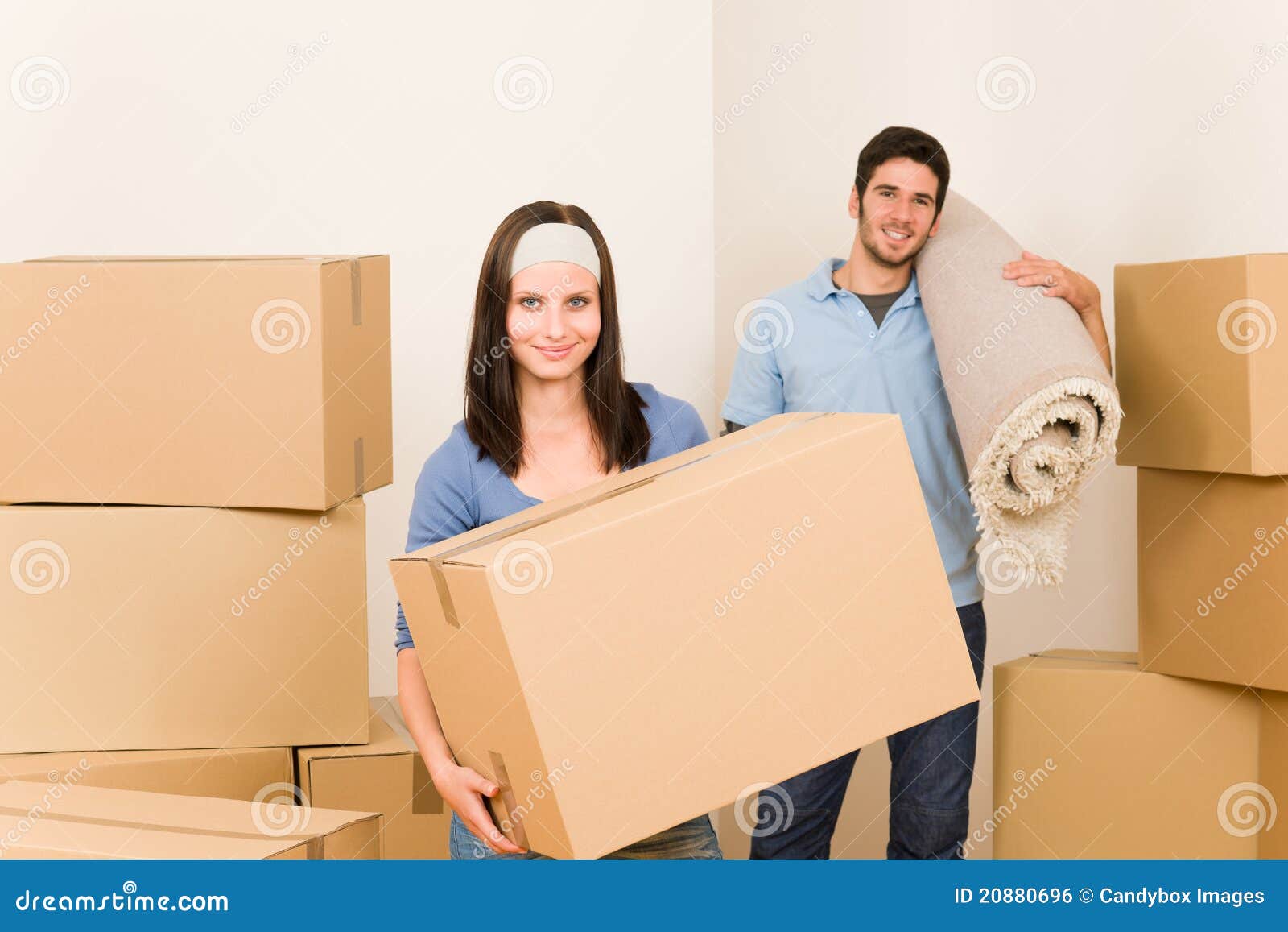 Home Moving Young Couple Boxes and Carpet Stock Photo - Image of ...