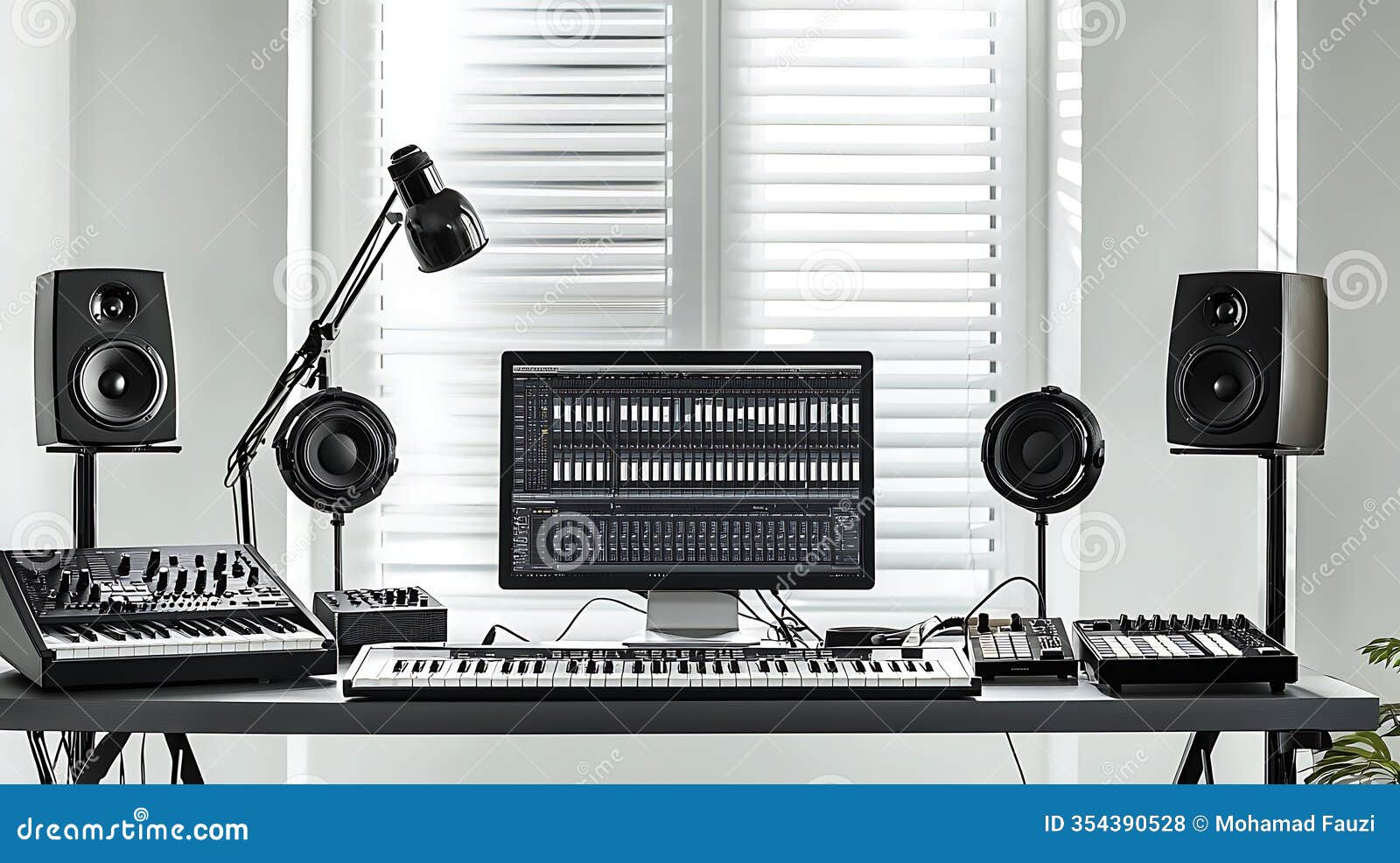 Home Music Studio Setup with Computer, Speakers, Keyboard, and Mixing ...