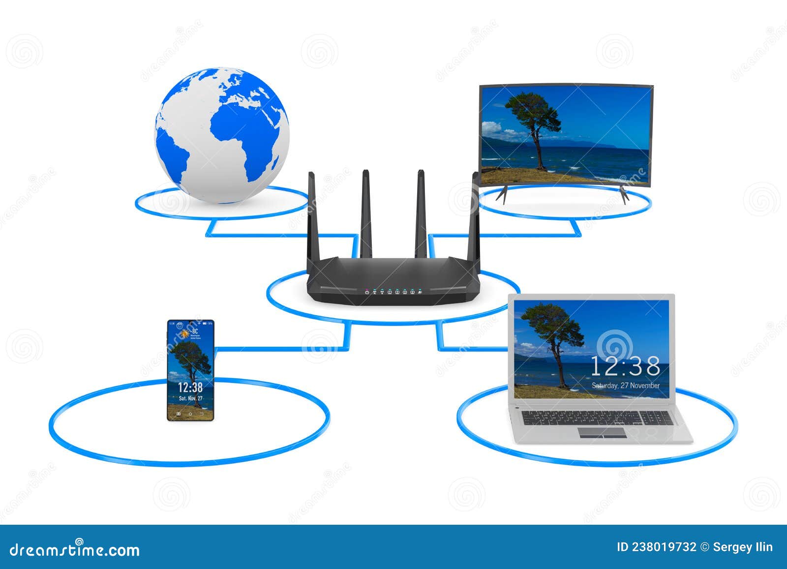 Home Network System on White Background. Isolated 3D Illustration Stock ...