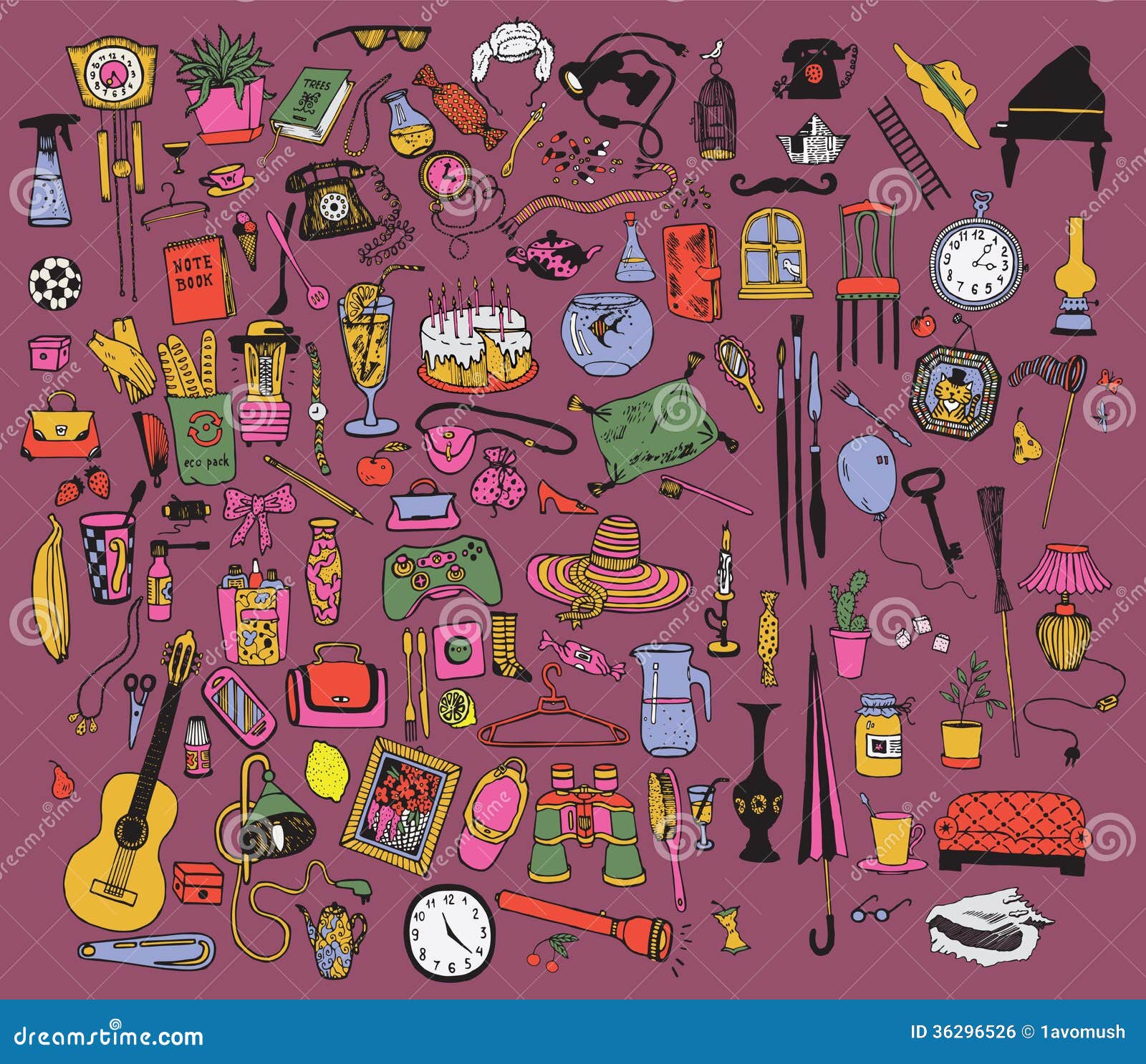 Home Objects Set on Violet. Stock Vector - Illustration of hand, stuff ...