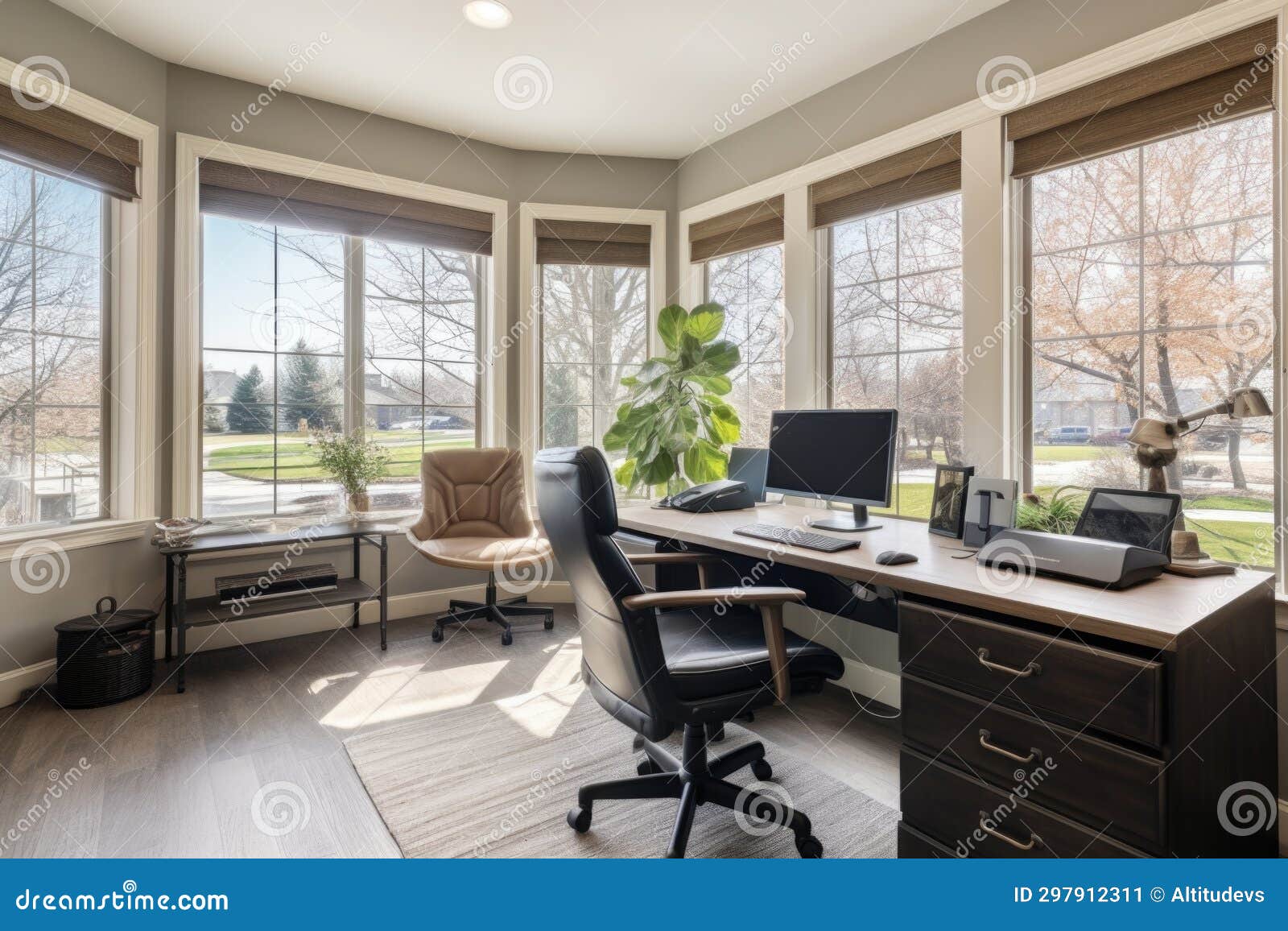A Home Office Area by Large Windows Stock Image - Image of home ...