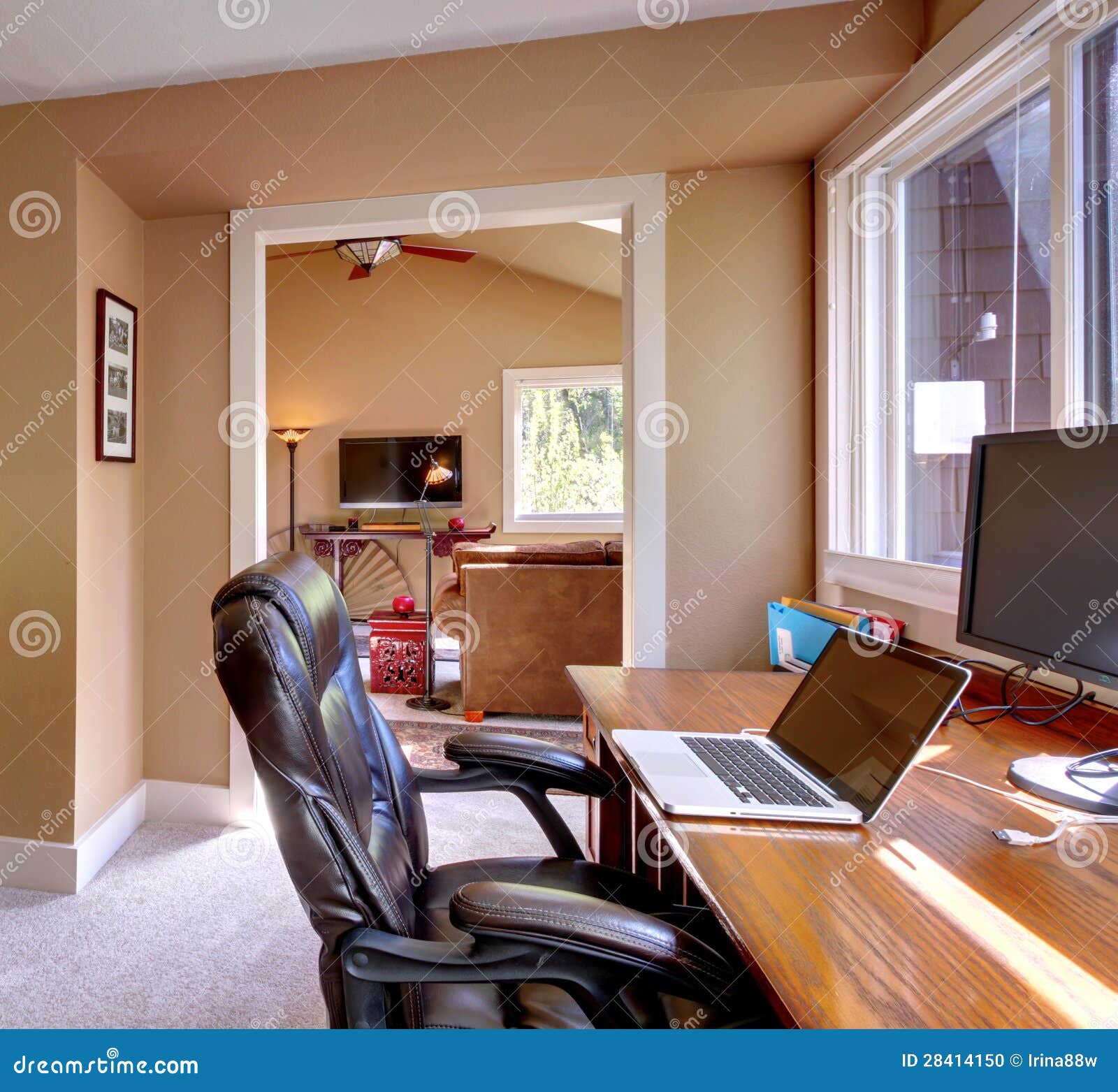 Home Office and Computer and Chair with Brown Walls. Stock Photo ...