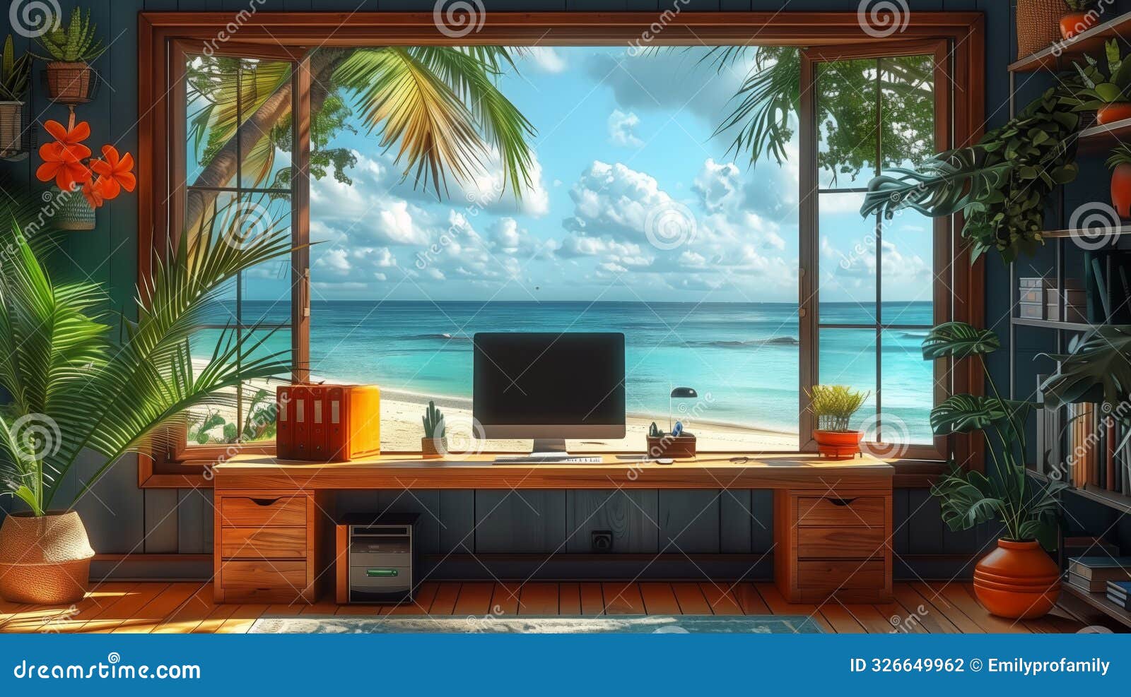 Tropical Beach View from a Home Office Desk Stock Photo - Image of ...