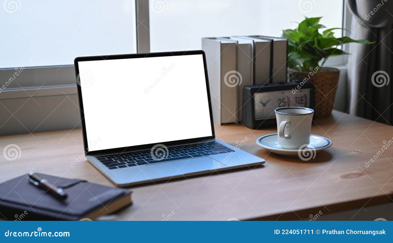Office Desk with Laptop Computer, Notebook, Coffee Cup and Houseplant ...