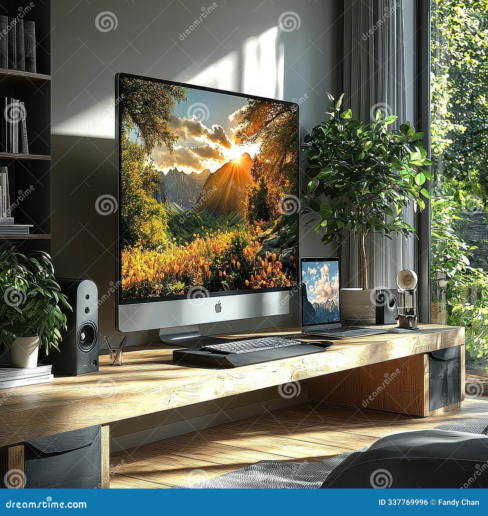 Home Office Desk Setup with Mountain Landscape Desktop Background Stock ...
