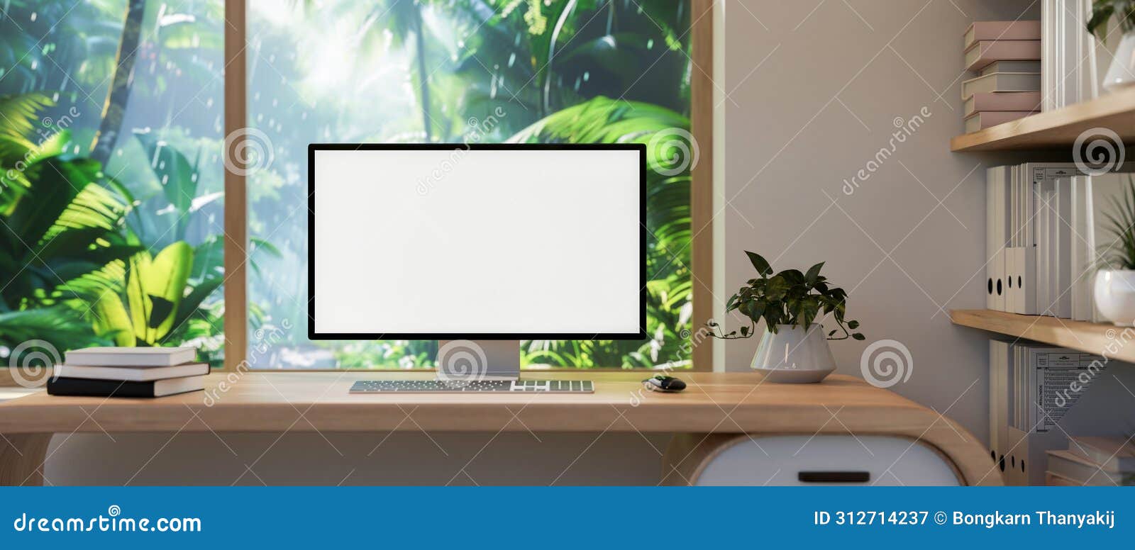 A Home Office Features a Computer on a Desk Against the Window with a ...