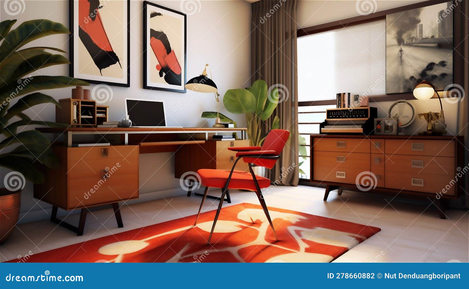 Generative AI, Timeless Work: a Mid-Century Modern Home Office Stock ...