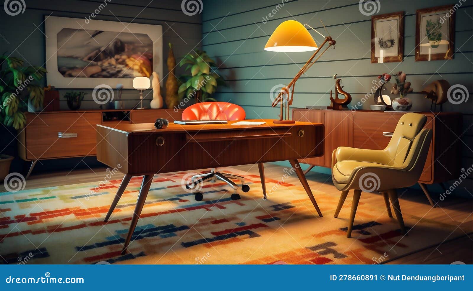 Generative AI, Timeless Work: a Mid-Century Modern Home Office Stock ...