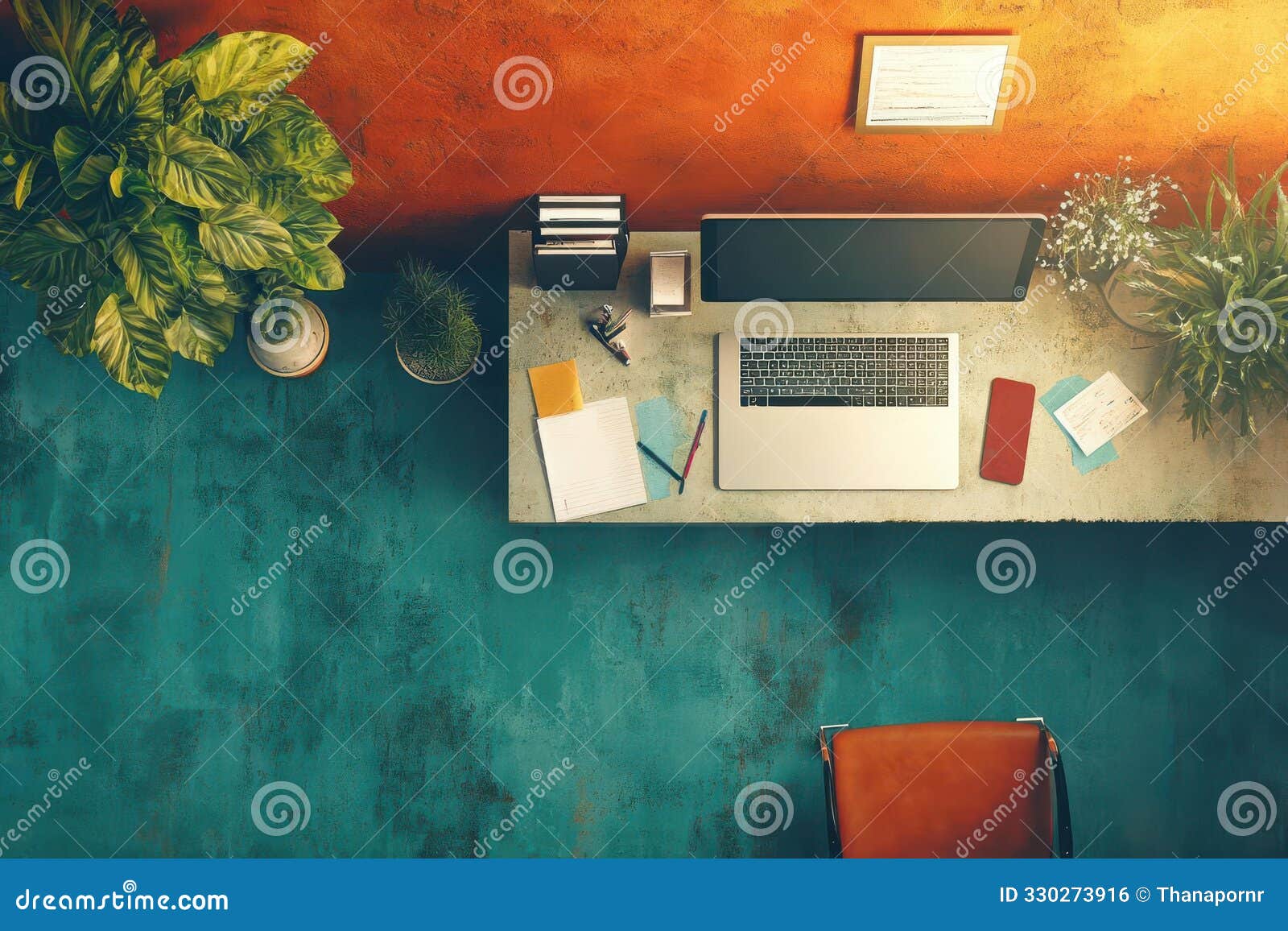 Home Office Flat Design Top View Workspace Water Color Split ...