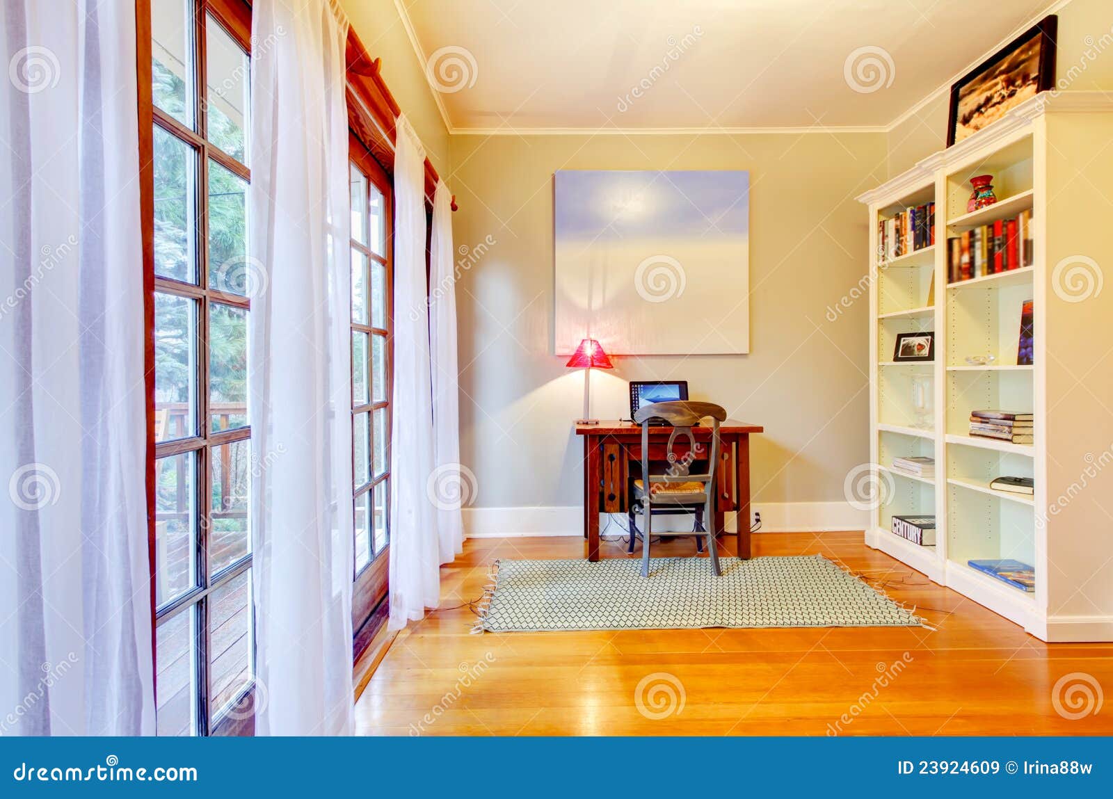 Home Office Interior with Large Windows. Stock Image - Image of ...