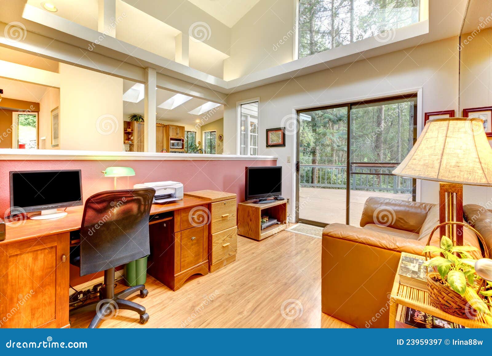 Home Office Interior with Large Windows. Stock Image - Image of lamp ...