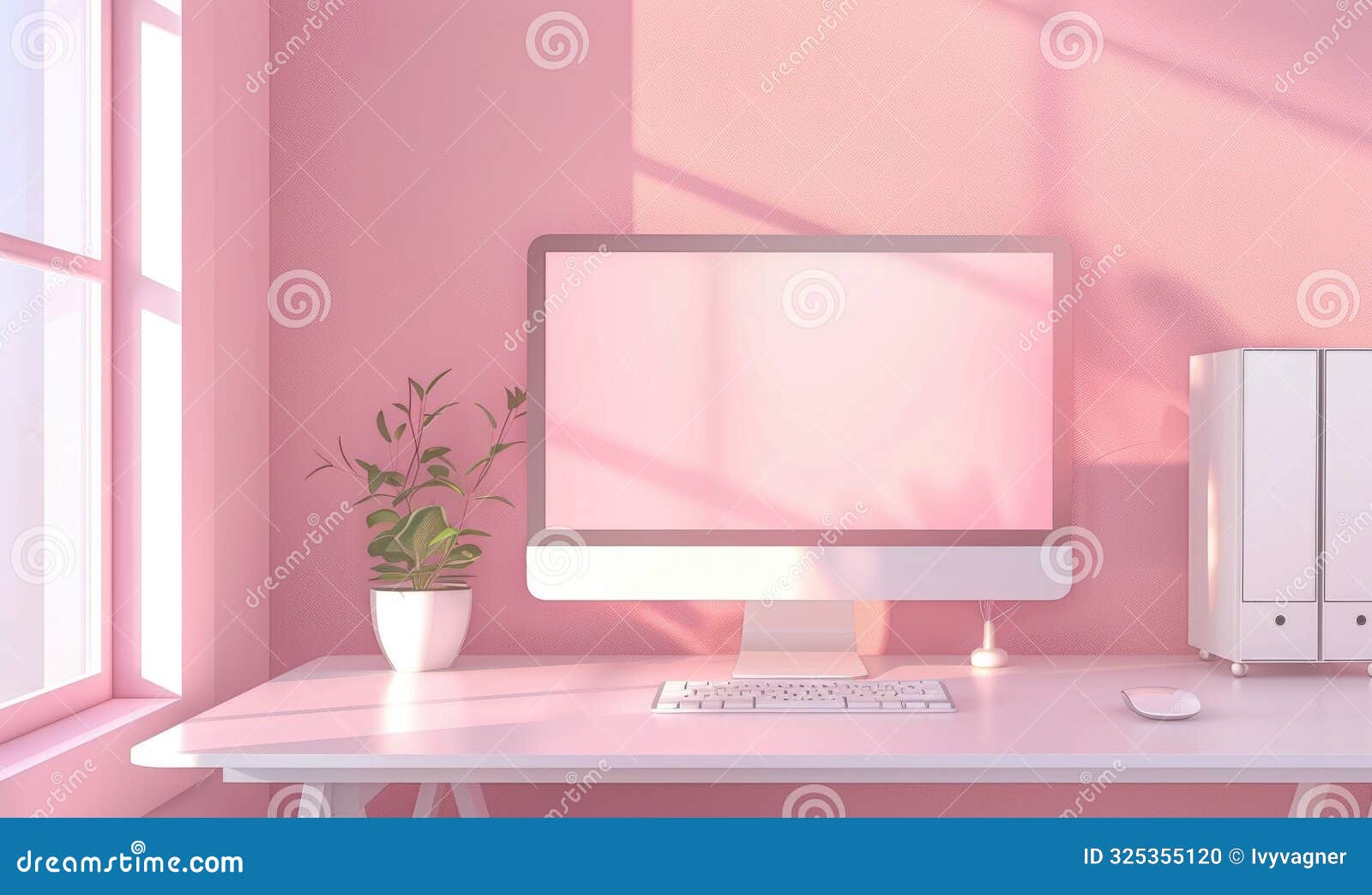 Home Office Layout with Desktop Computer on Minimalist Desk Stock ...