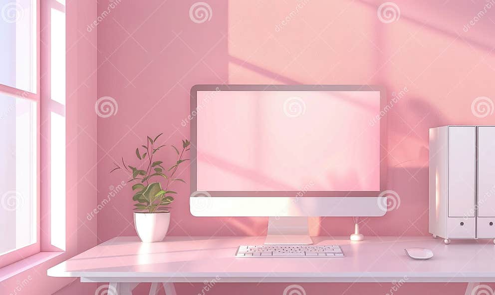 Home Office Layout with Desktop Computer on Minimalist Desk Stock ...