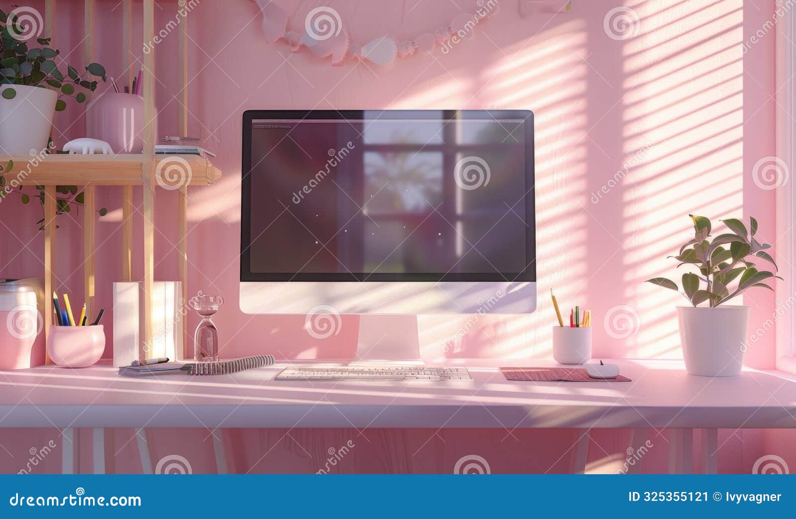 Home Office Layout with Desktop Computer on Minimalist Desk Stock ...