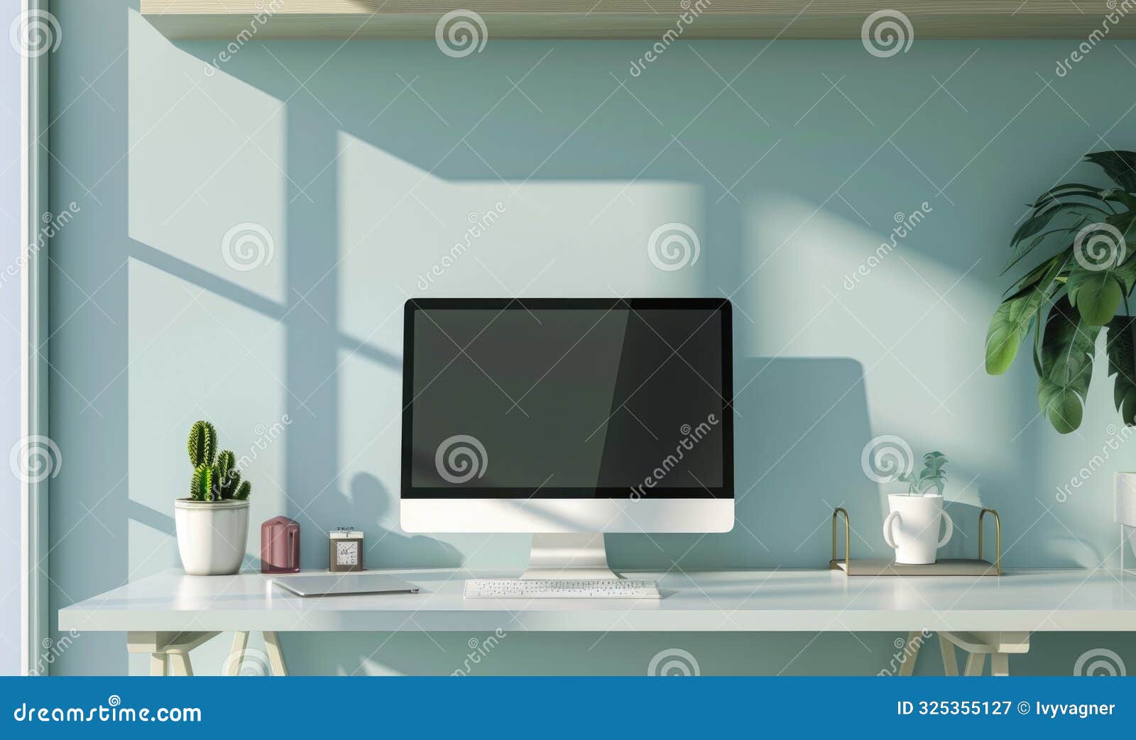 Home Office Layout with Desktop Computer on Minimalist Desk Stock Image ...
