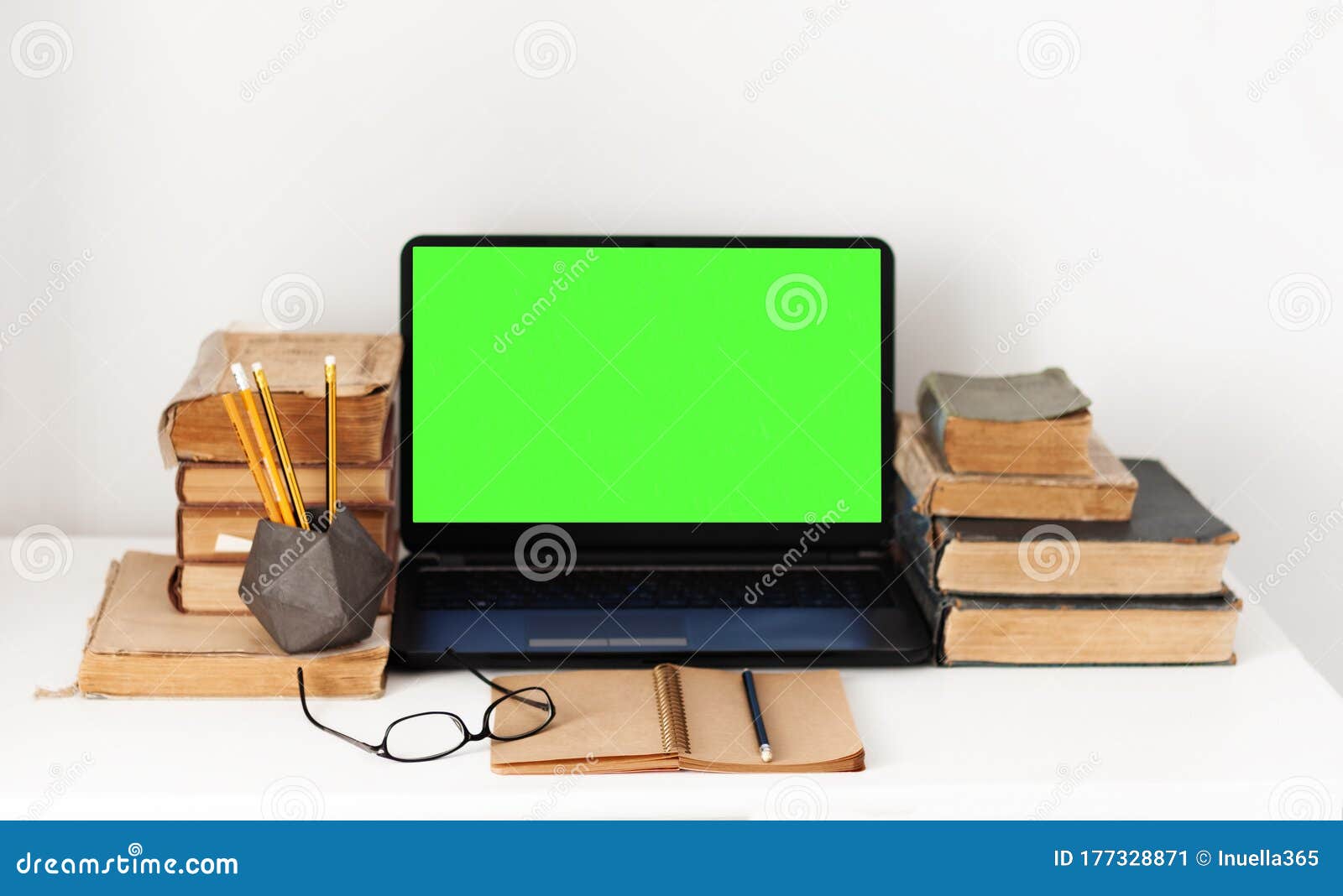 Home Office: Open Textbook, Notebook, Green Screen Laptop Computer ...