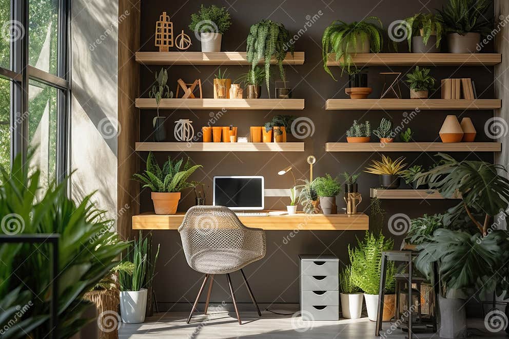 Home Office with Plants and Computer, a Productive Workspace for Remote ...