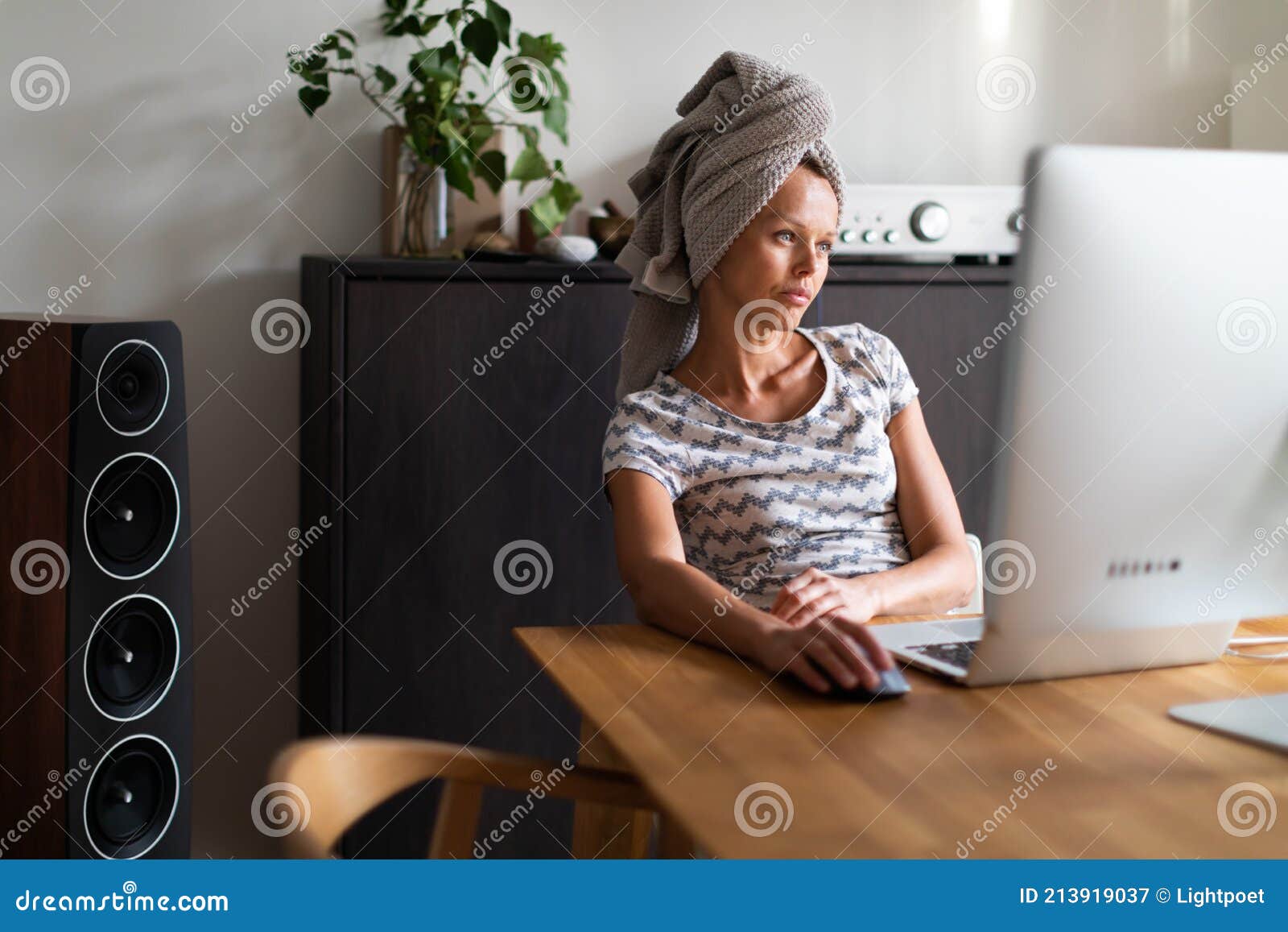 Pretty, Young Woman Working at Her Computer from Home Stock Image ...
