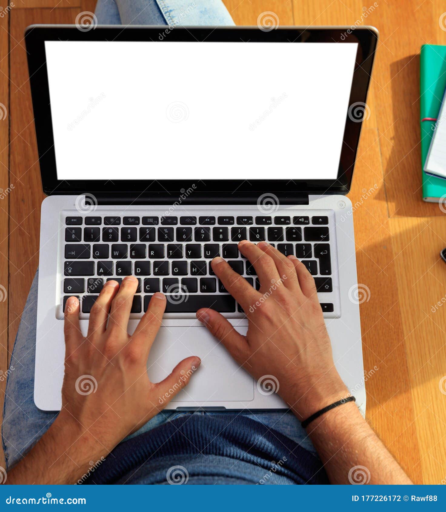 Work from Home. Man Working on the Floor, Blank Computer Screen Stock ...