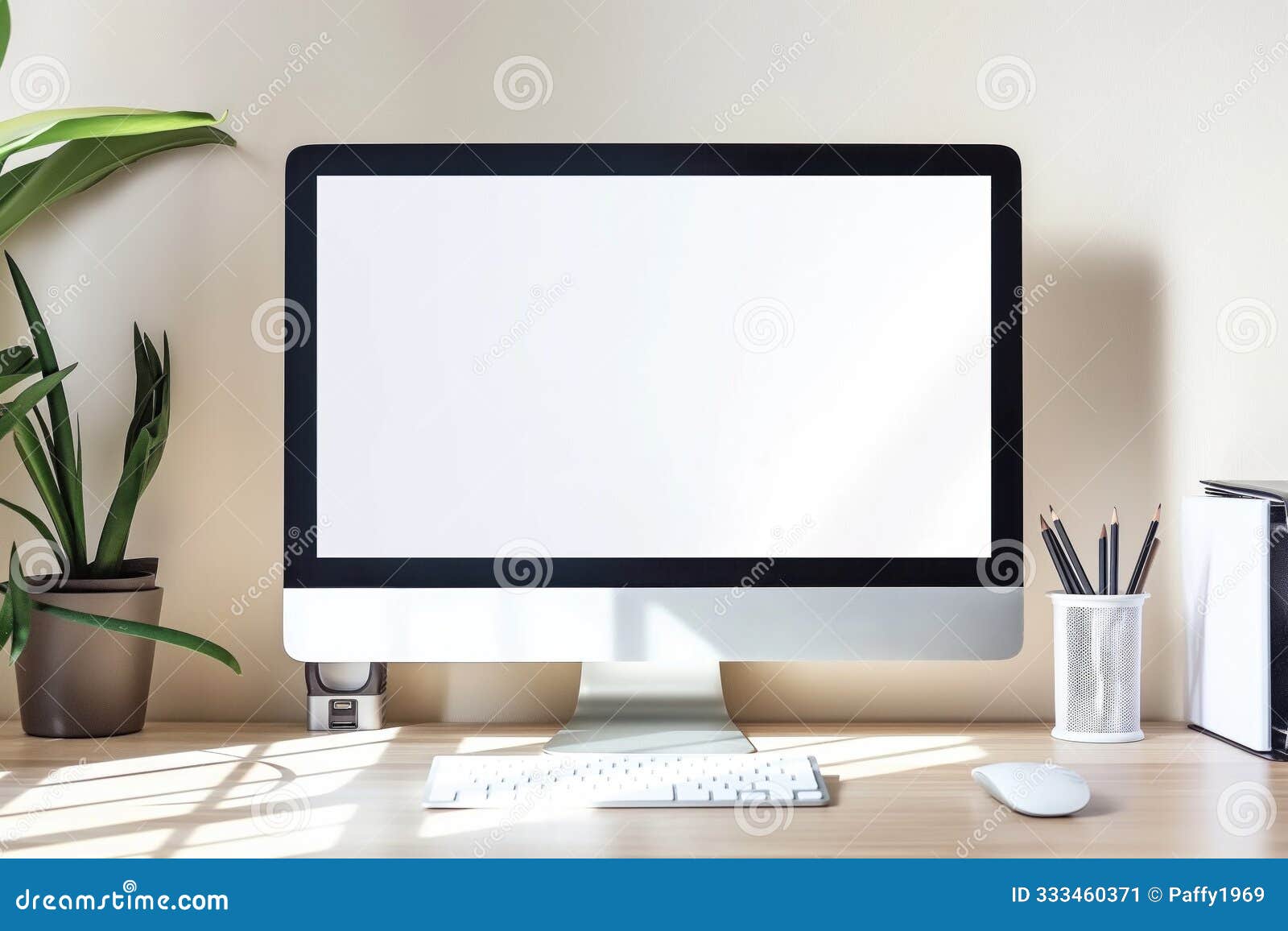 Home Office Setup with a Blank Computer Screen, Bathed in Natural Light ...