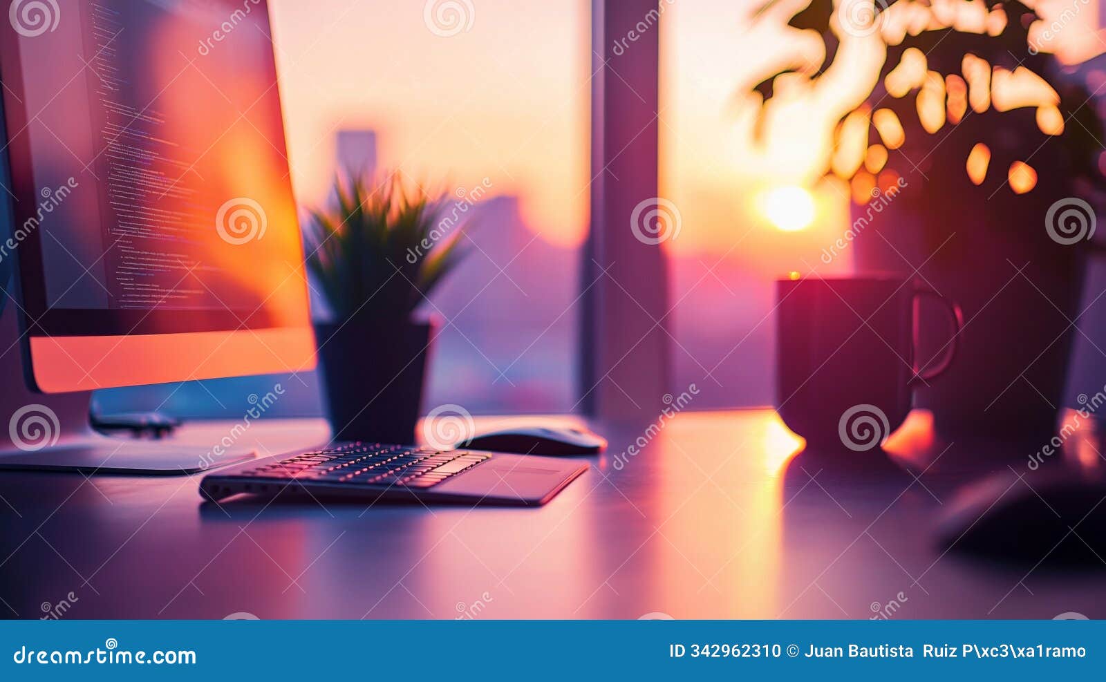 Home Office Setup with Sunset Lighting and Modern Desktop Stock Photo ...