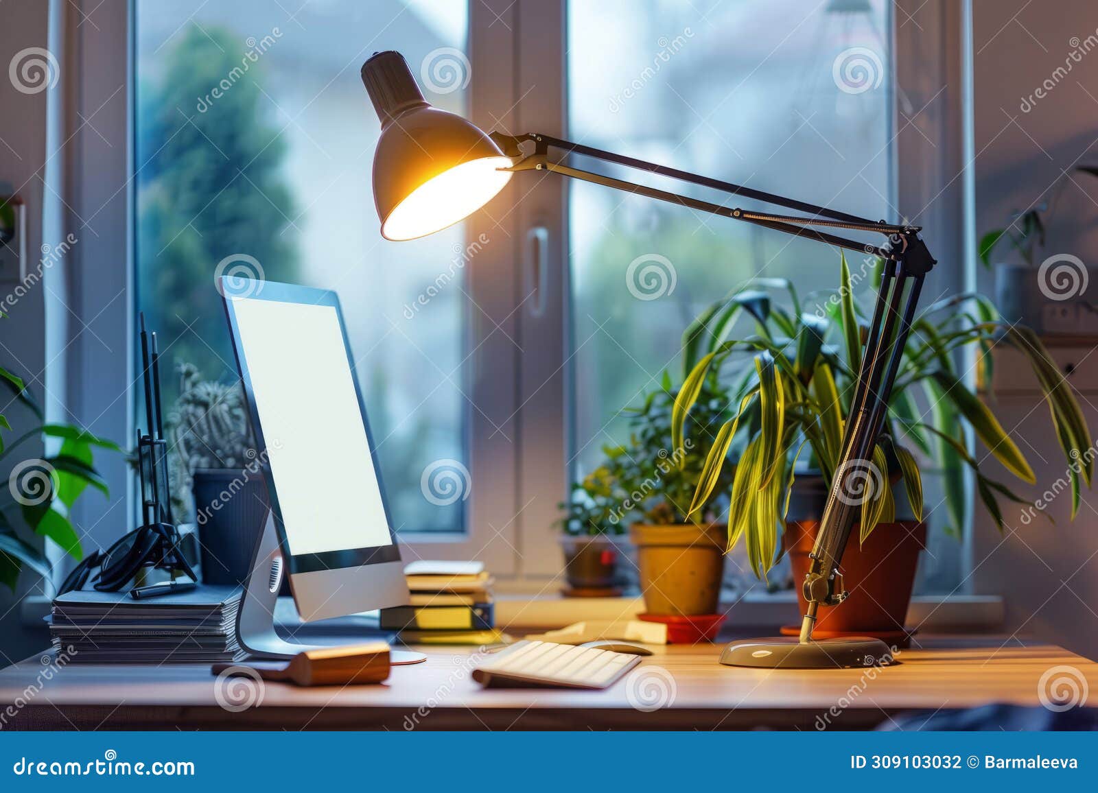 Home Office Setup with Warm Lighting. Online Remote Work from Home ...