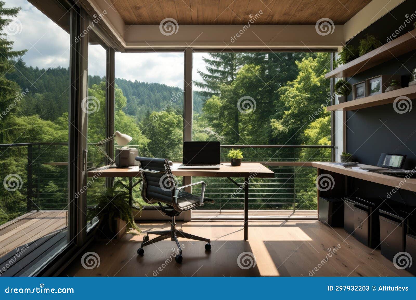 Home Office Space with Forest Backdrop View Stock Illustration ...