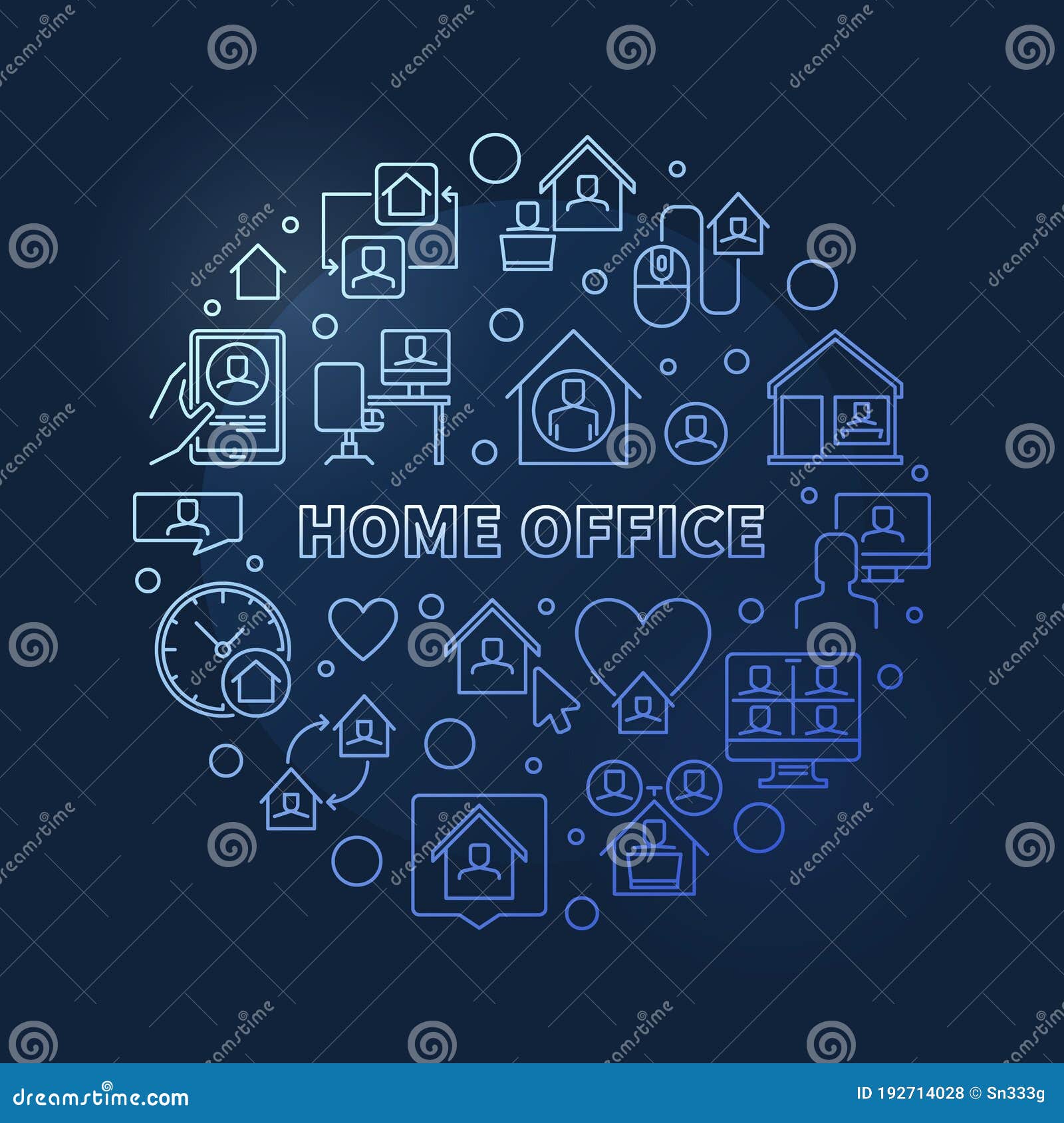 Home Office Vector Concept Round Blue Linear Illustration Stock Vector ...