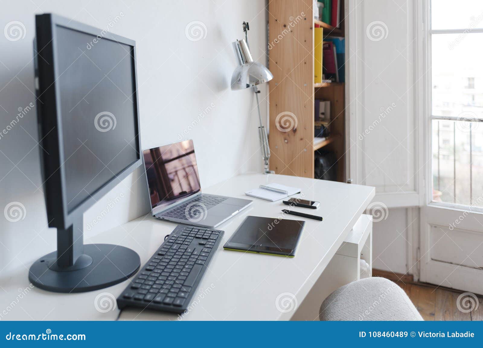 Home Office White Table, Big Windows and Computers Stock Image - Image ...