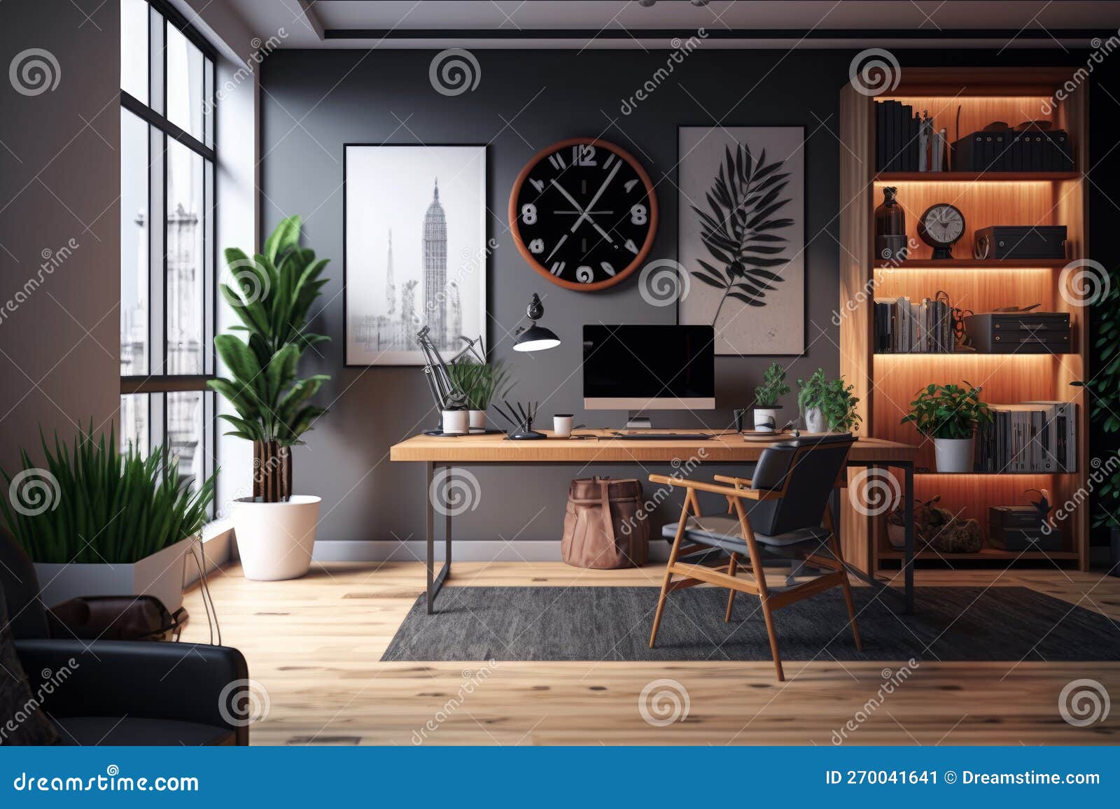 Home Office with Wooden Floors and Clock on the Wall. Generative AI ...