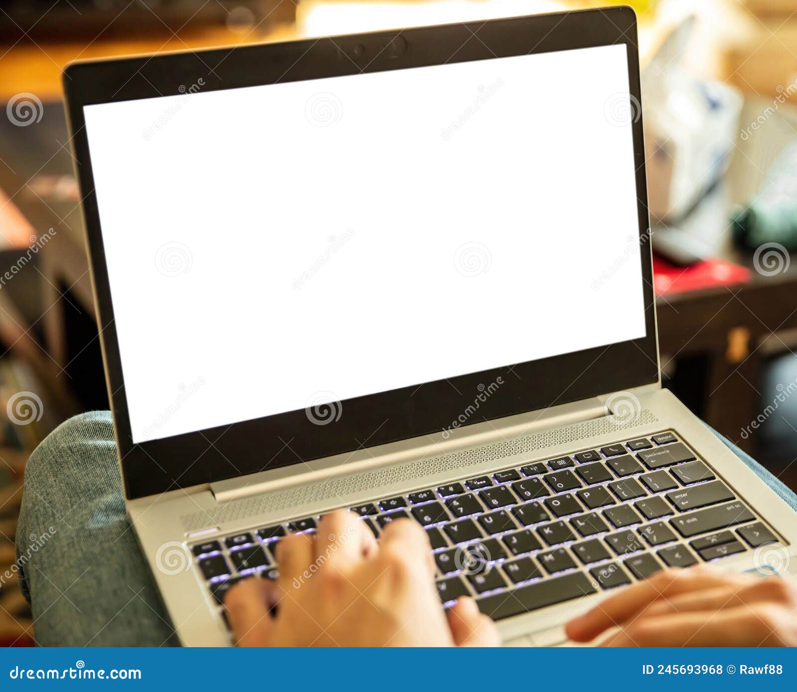 Home Office Work. Empty Blank Screen, Male Hand Typing on a Laptop ...
