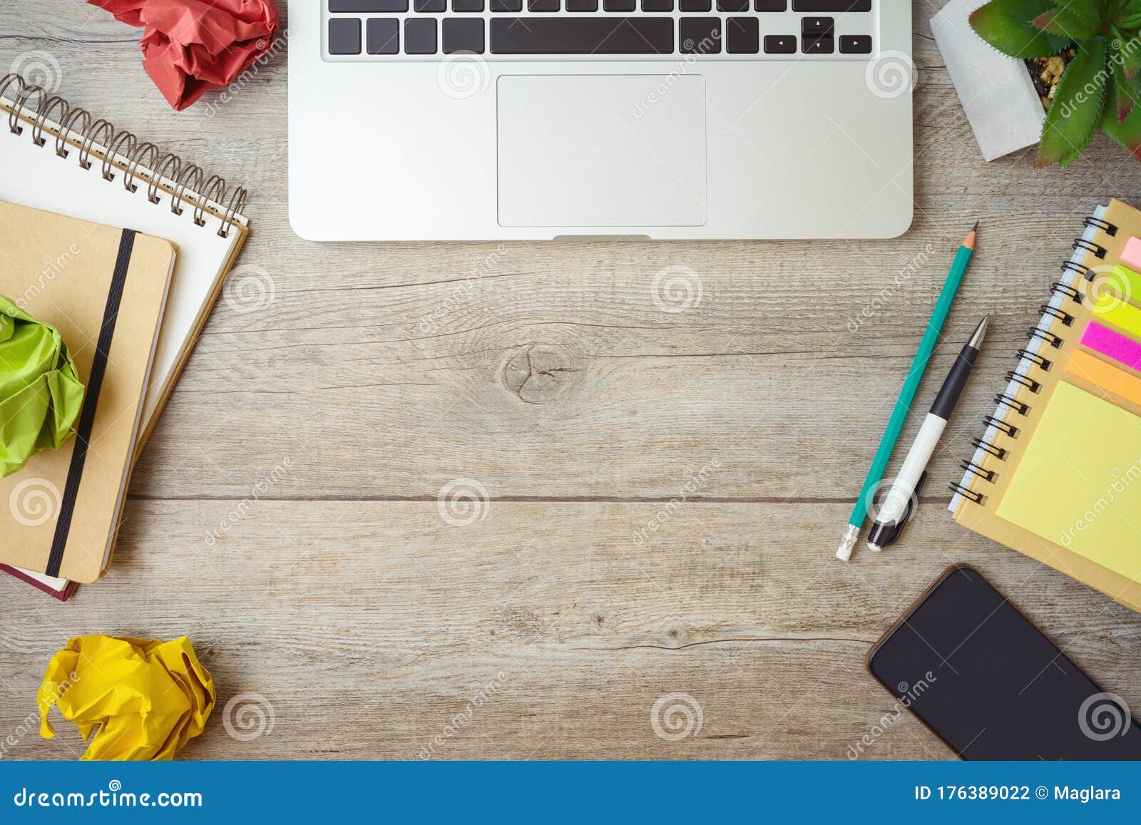 Home Office and Working from Home Concept. Top View Table Workplace ...