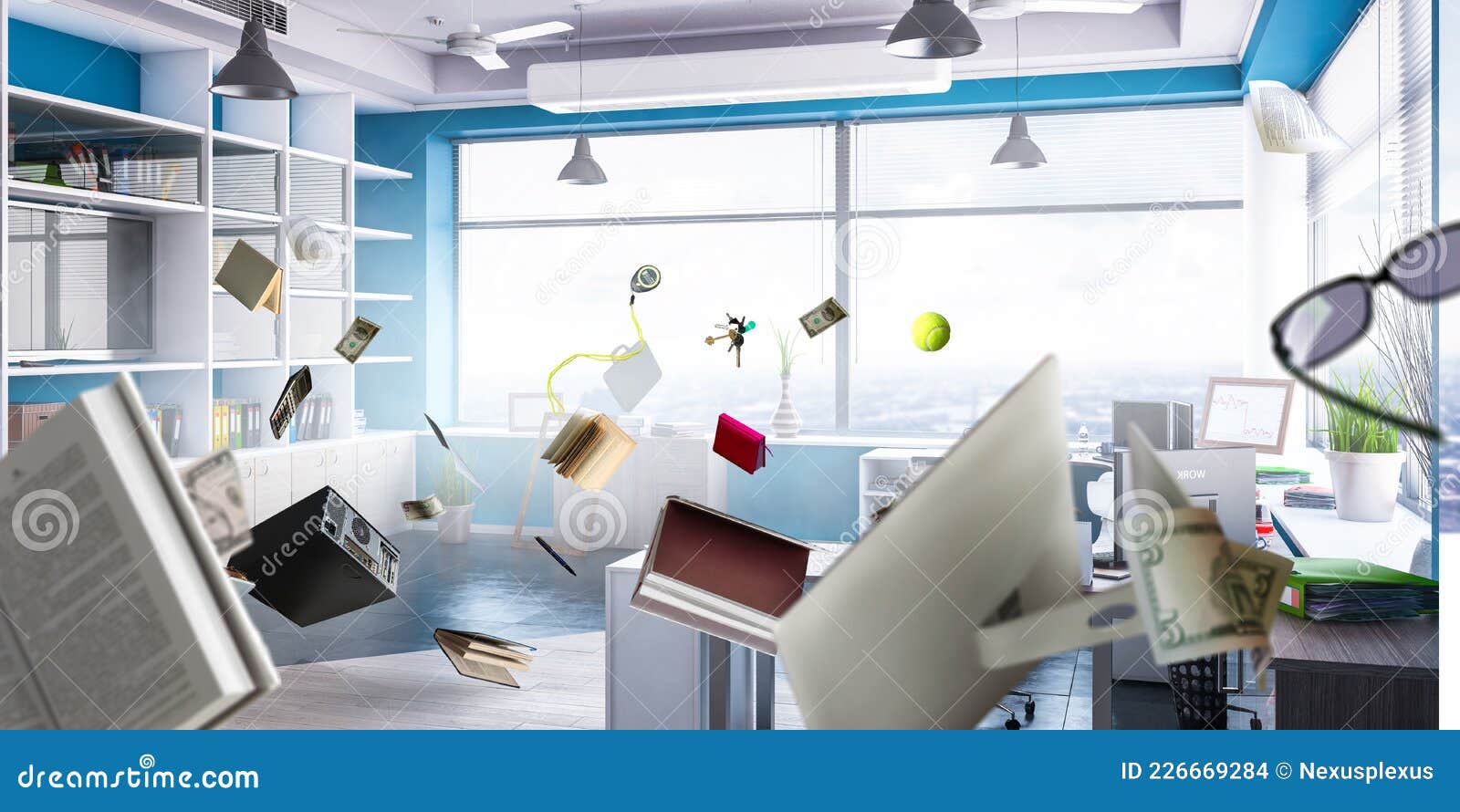 Office Workplace with Flying Objects Stock Photo - Image of office ...