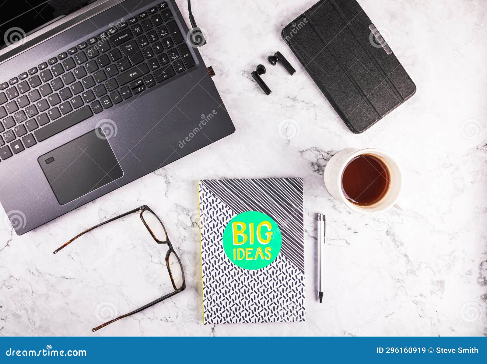 Home Office Workspace Flat Lay with Laptop, Note Book and Tablet Stock ...